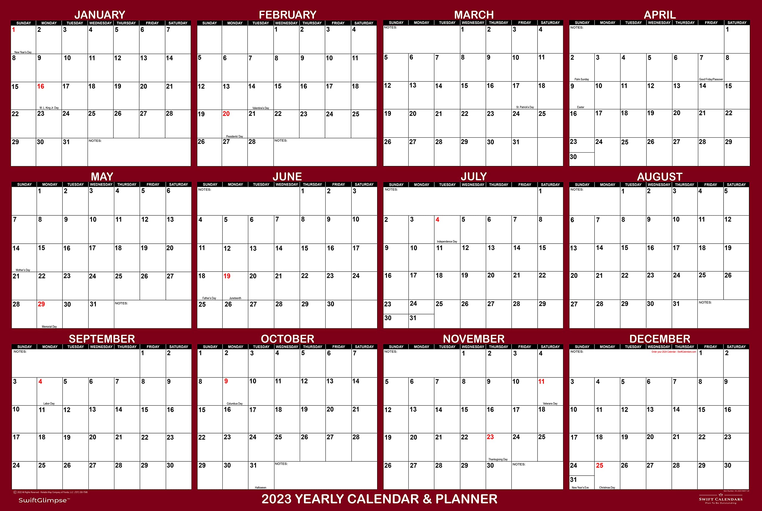 24" x 36" SwiftGlimpse 2023 Wall Calendar Erasable Large Wet & Dry Erase Laminated 12 Month Annual Yearly Wall Planner, Reversible, Horizontal/Vertical, Maroon