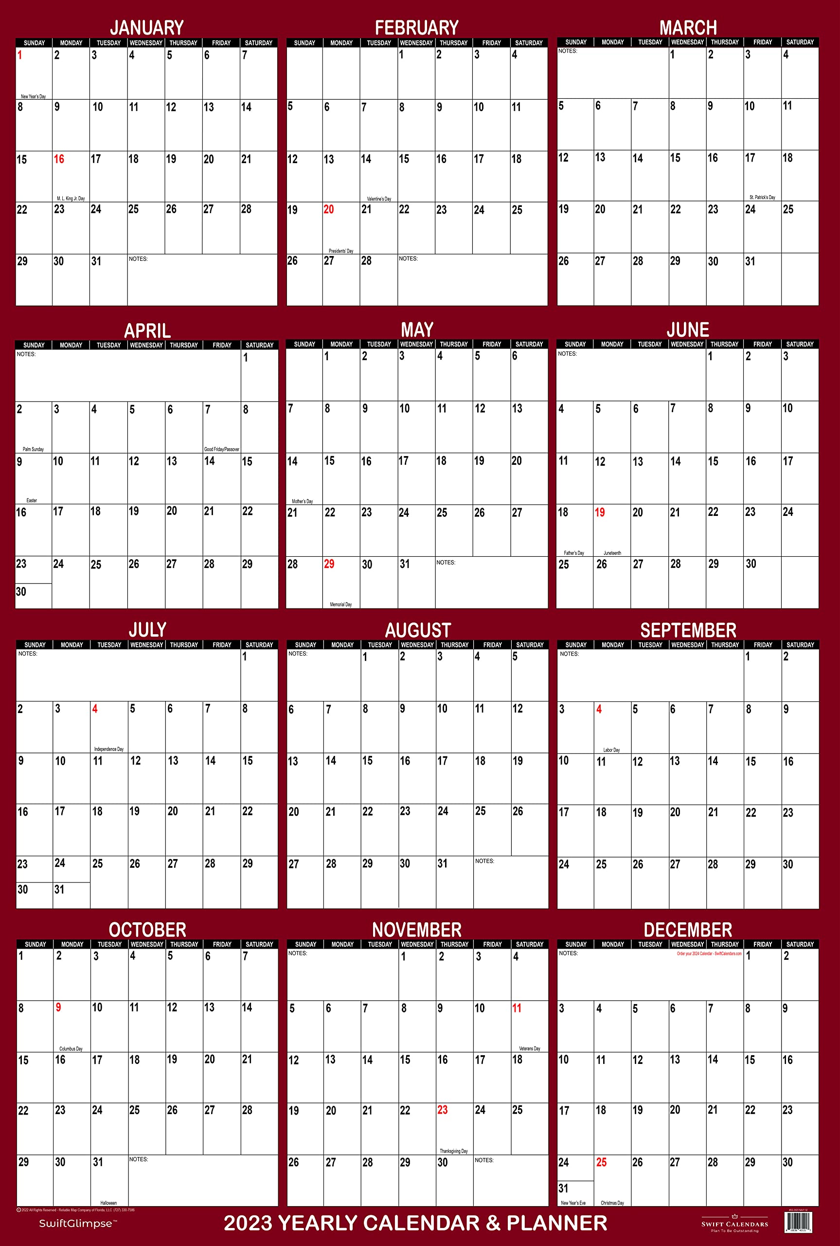 24" x 36" SwiftGlimpse 2023 Wall Calendar Erasable Large Wet & Dry Erase Laminated 12 Month Annual Yearly Wall Planner, Reversible, Horizontal/Vertical, Maroon