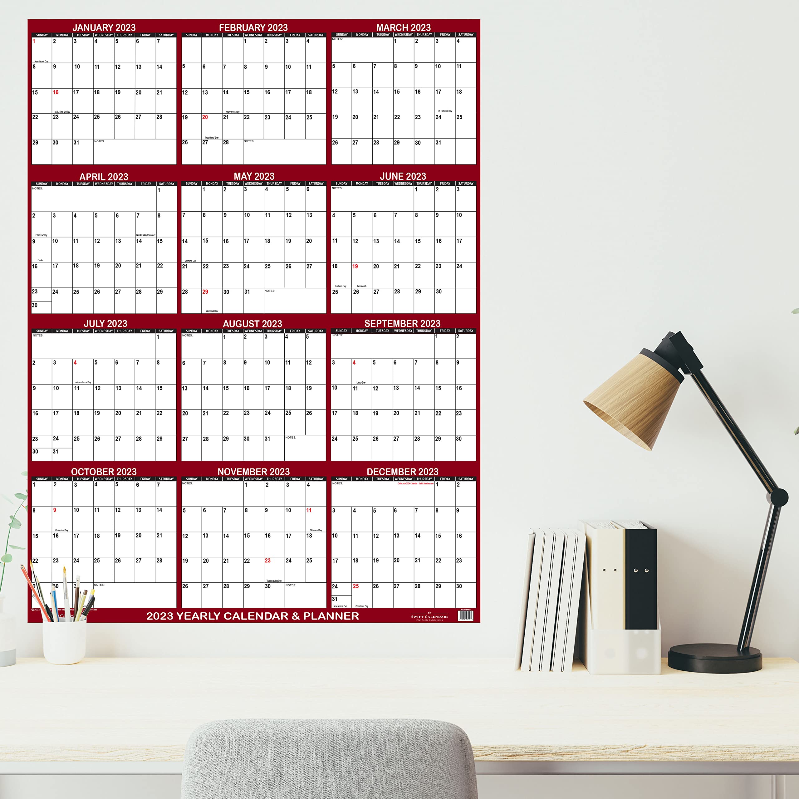 24" x 36" SwiftGlimpse 2023 Wall Calendar Erasable Large Wet & Dry Erase Laminated 12 Month Annual Yearly Wall Planner, Reversible, Horizontal/Vertical, Maroon