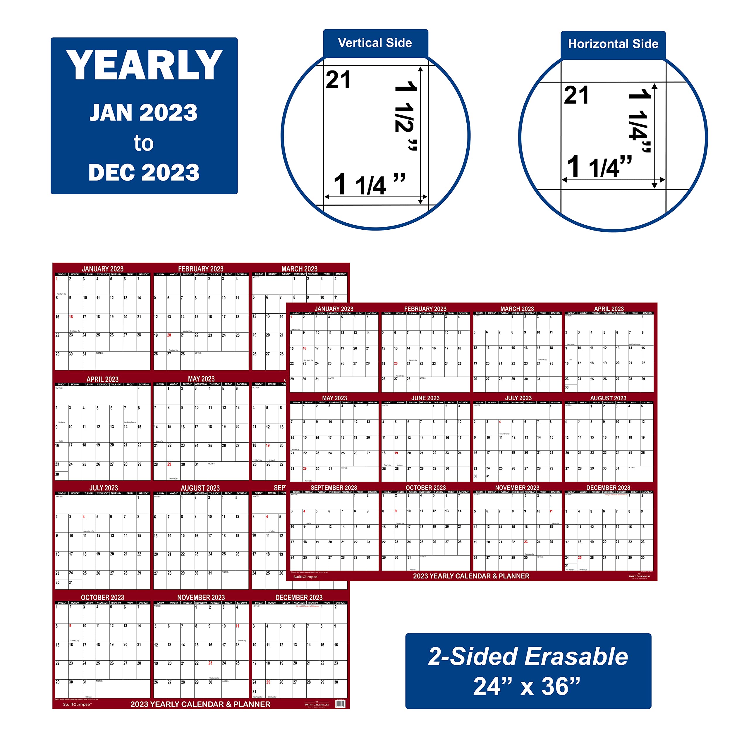 24" x 36" SwiftGlimpse 2023 Wall Calendar Erasable Large Wet & Dry Erase Laminated 12 Month Annual Yearly Wall Planner, Reversible, Horizontal/Vertical, Maroon