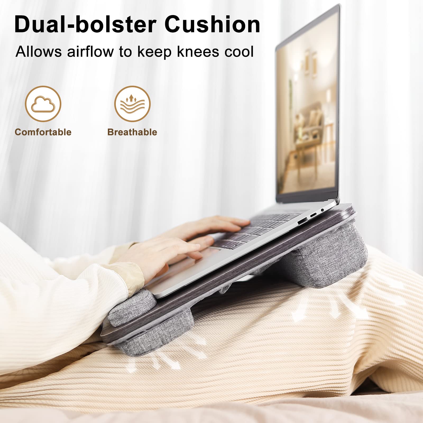Lap Desk Laptop Bed Table: Computer lapdesk with Soft Pillow and Storage Bag - Padded Lap Work Tray and Gaming Desk on Bed - Wood Wide Writing Tray for Home Office - Fits up to 15.6 inch Laptop