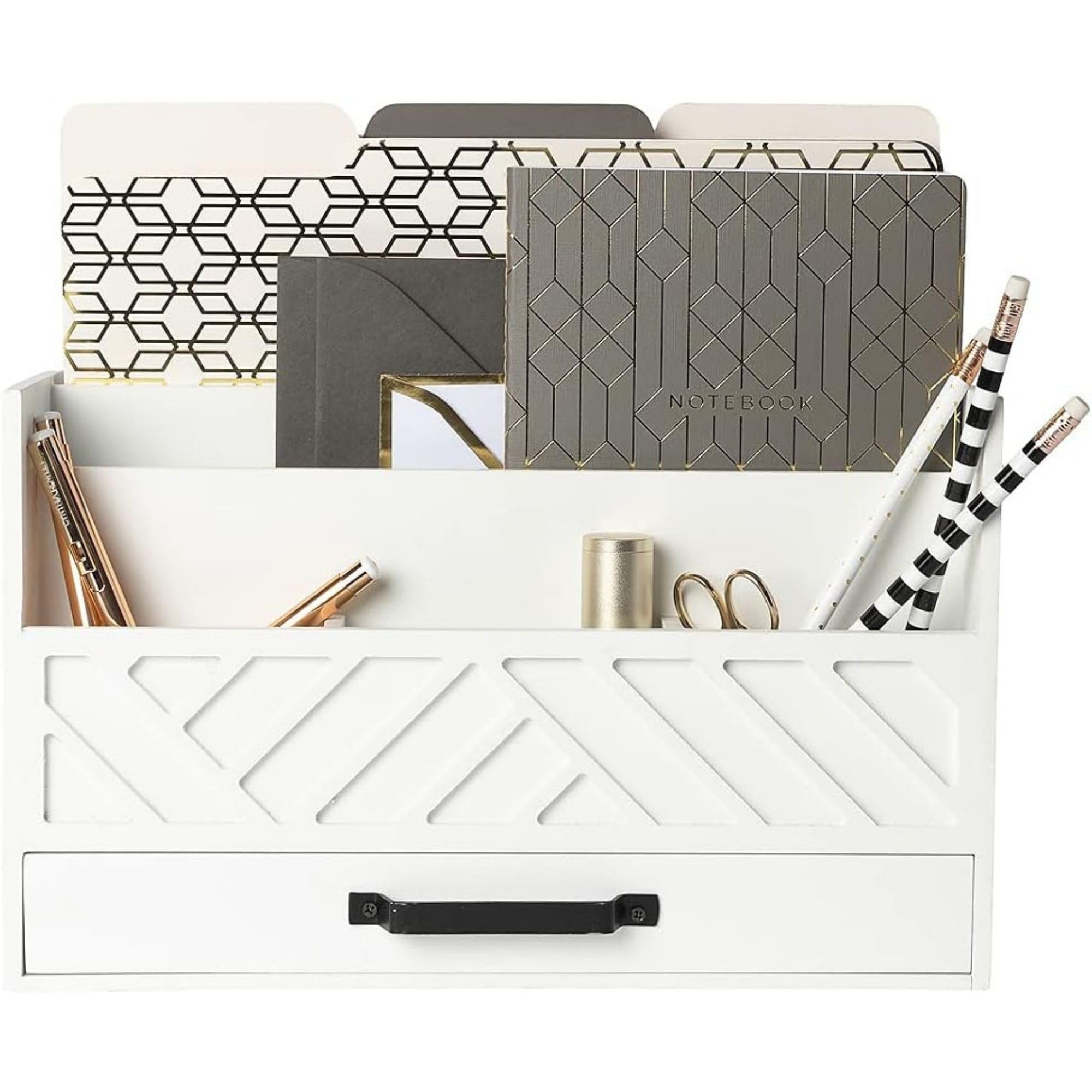 White Wood Desk Organizers and Storage with Drawer - Bill Mail Organizer and Mail Holder for Countertop and Kitchen - Desk Accessories & Workspace Organizers by Blu Monaco