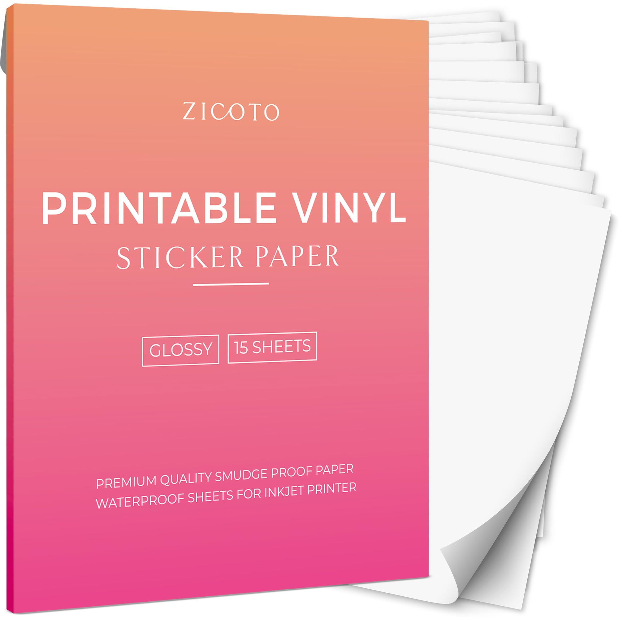 Premium Printable Vinyl Sticker Paper for Your Inkjet Or Laser Printer - 15 Glossy White Waterproof Decal Paper Sheets - Dries Quickly and Holds Ink Beautifully