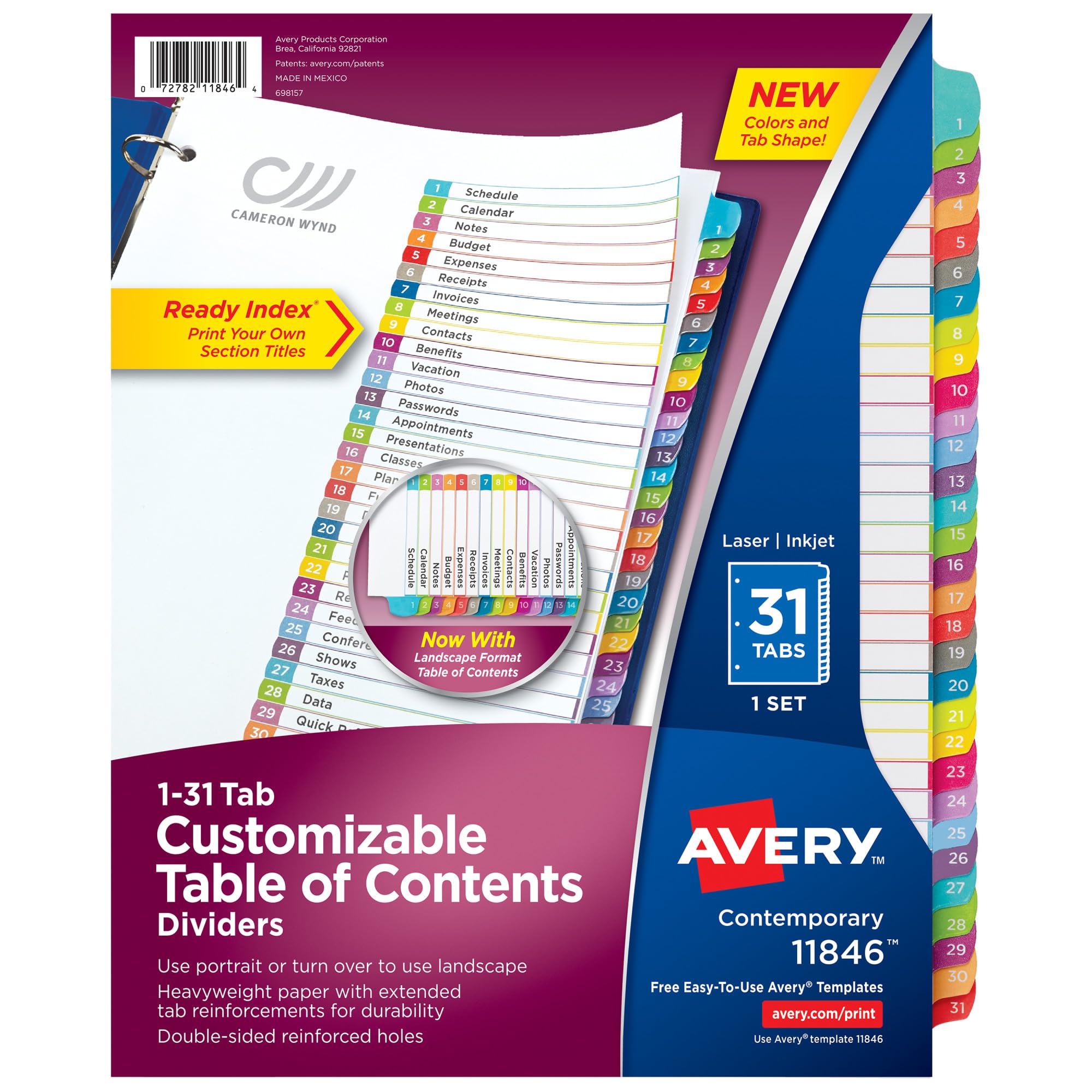 Avery 31-tab Dividers for 3 Ring Binders, Customizable Table of Contents, Multicolor Tabs, 1 Set (11846)