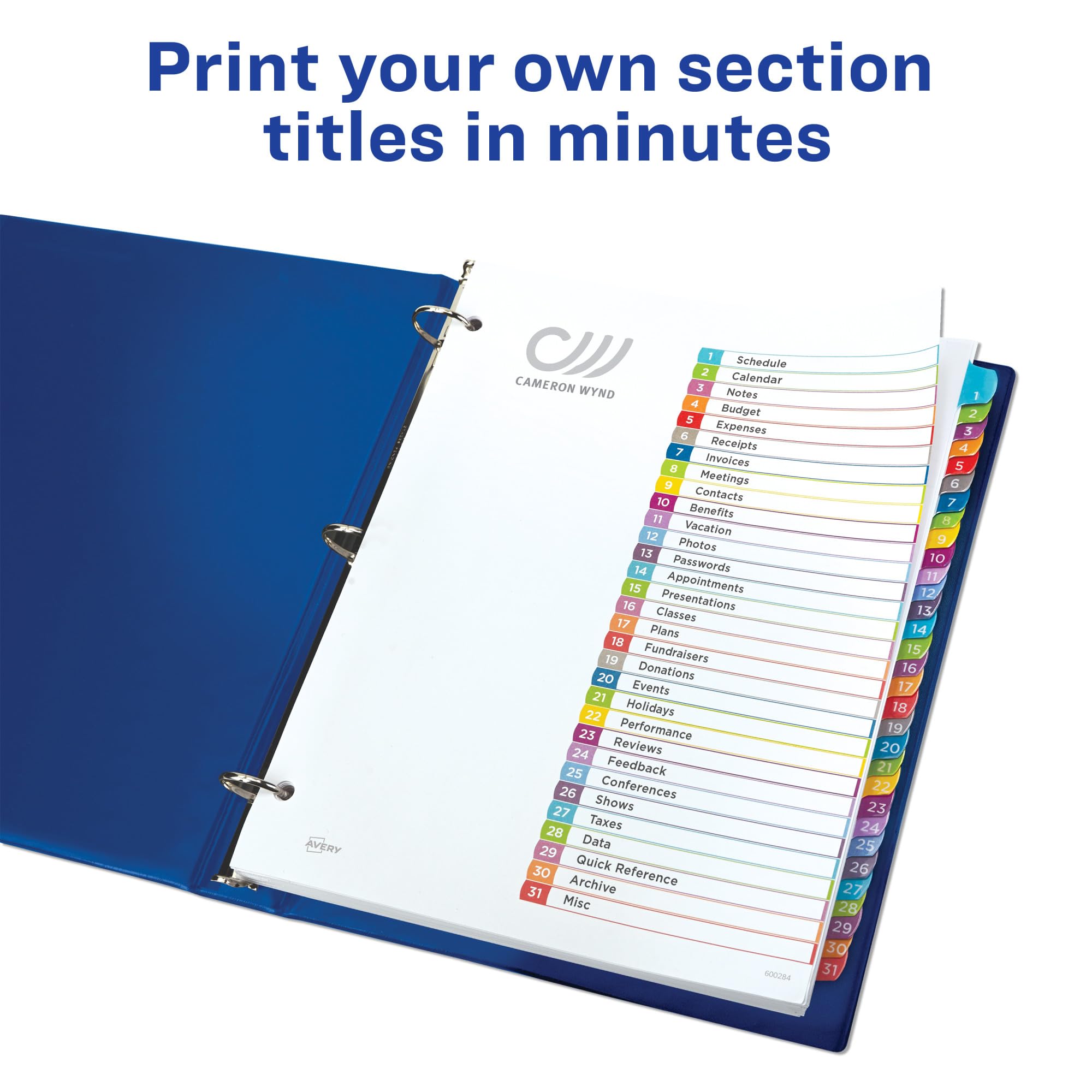 Avery 31-tab Dividers for 3 Ring Binders, Customizable Table of Contents, Multicolor Tabs, 1 Set (11846)