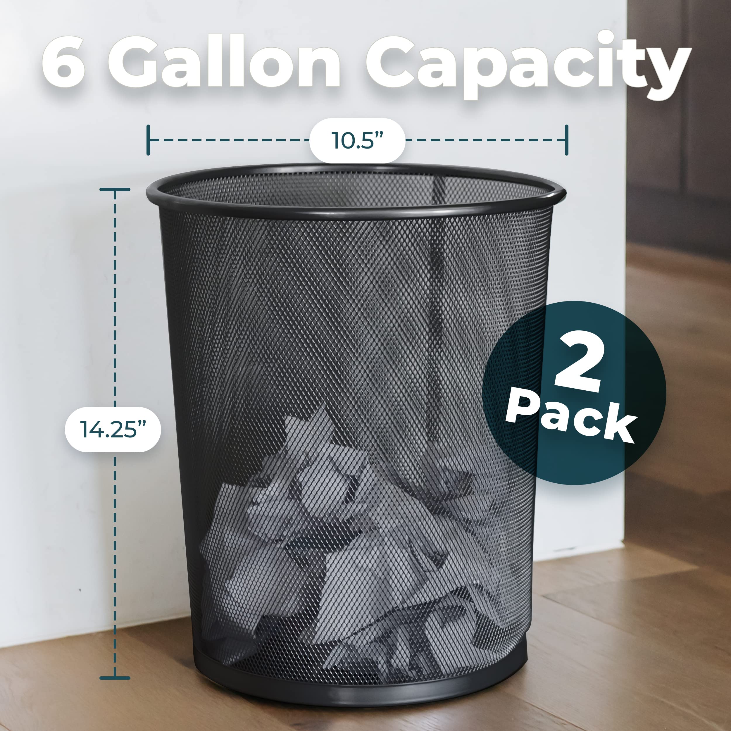 Greenco Wastebasket for Home or Office, 2-Pack, 6 Gallon Black Mesh Square Trash Cans, Lightweight, Sturdy for Under Desk, Kitchen, Bedroom, Den, Dorm Room, or Recycling Can