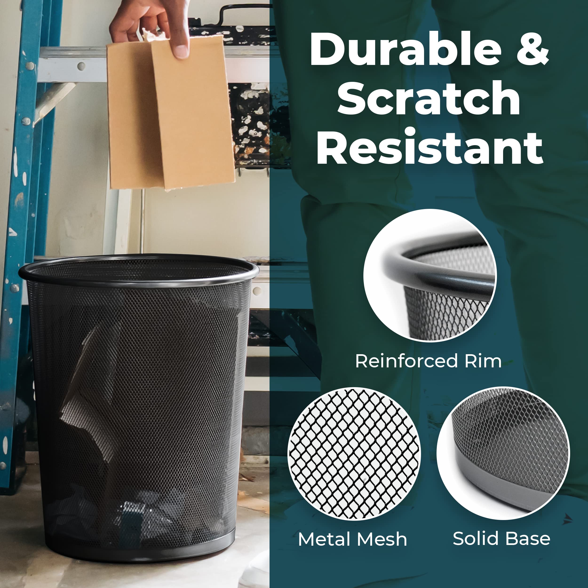 Greenco Wastebasket for Home or Office, 2-Pack, 6 Gallon Black Mesh Square Trash Cans, Lightweight, Sturdy for Under Desk, Kitchen, Bedroom, Den, Dorm Room, or Recycling Can