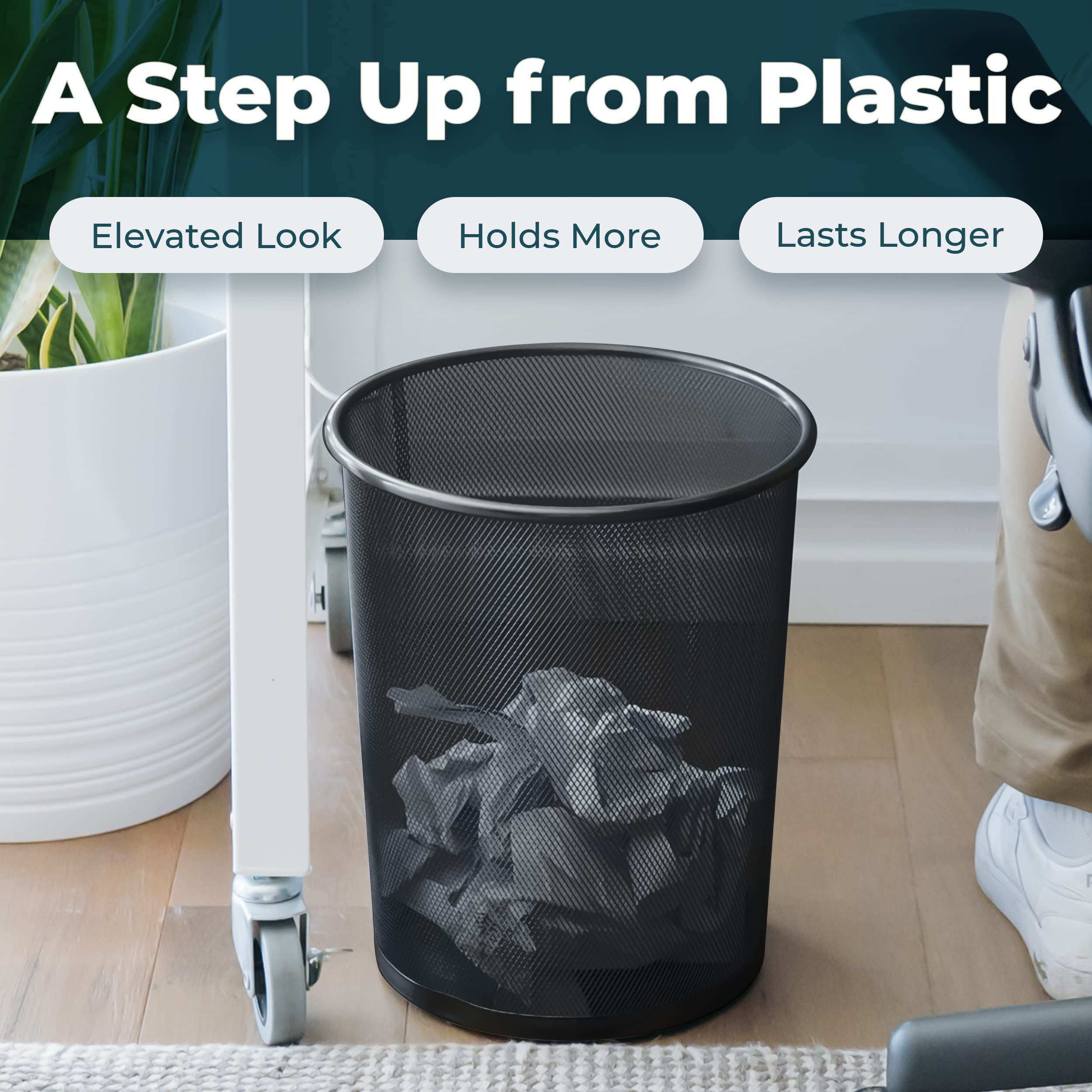 Greenco Wastebasket for Home or Office, 2-Pack, 6 Gallon Black Mesh Square Trash Cans, Lightweight, Sturdy for Under Desk, Kitchen, Bedroom, Den, Dorm Room, or Recycling Can