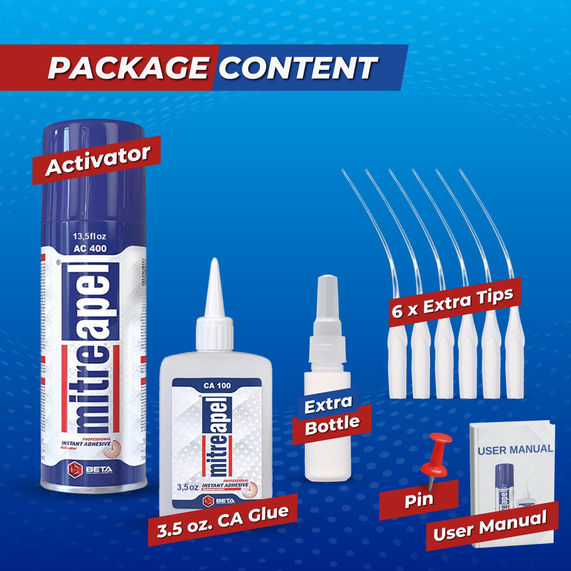 MITREAPEL Super CA Glue (3.5 oz.) with Spray Adhesive Activator (13.5 fl oz.) - Ca Glue with Activator for Wood, Plastic, Metal, Leather, Ceramic - Cyanoacrylate Glue for Crafting&Building (1 Pk)