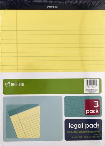 Top Flight Legal Pad, 8.5 x 11.75 Inches, 0.375 Inch Rule, Canary, 50 Sheets per Pad, 3 Pads per Pack (4513108)