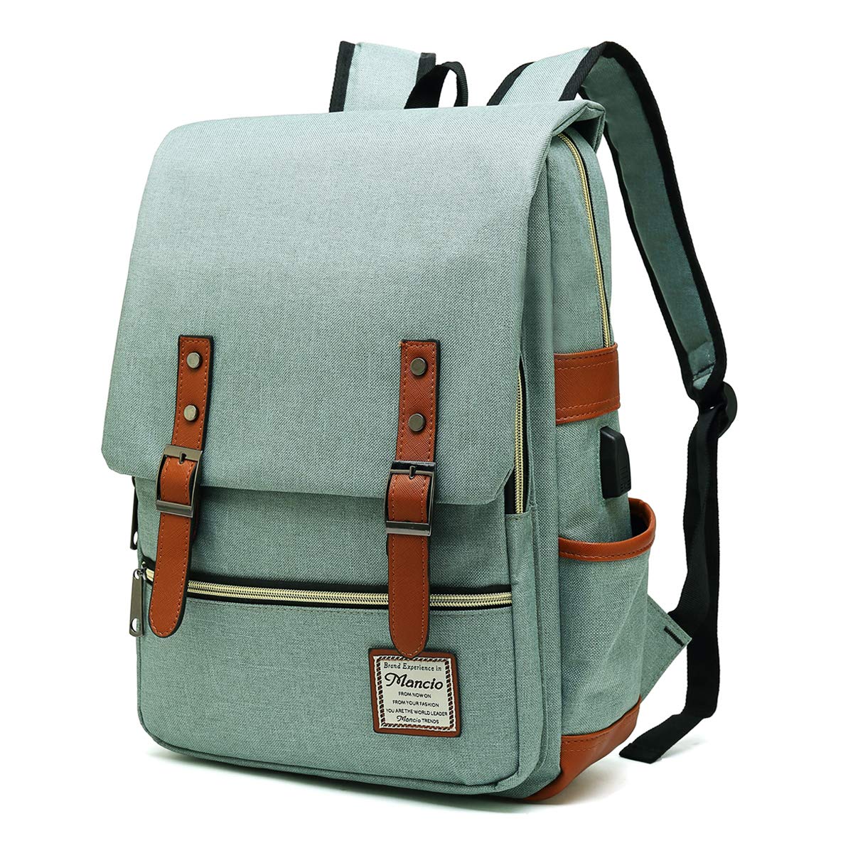 MANCIO Vintage Laptop Backpack with USB Charging Port, Slim Tear Resistant Business Backpack for Travelling, College, School, Casual Daypacks for Men,Women, Fits up to 15.6Inch Notebook, Green