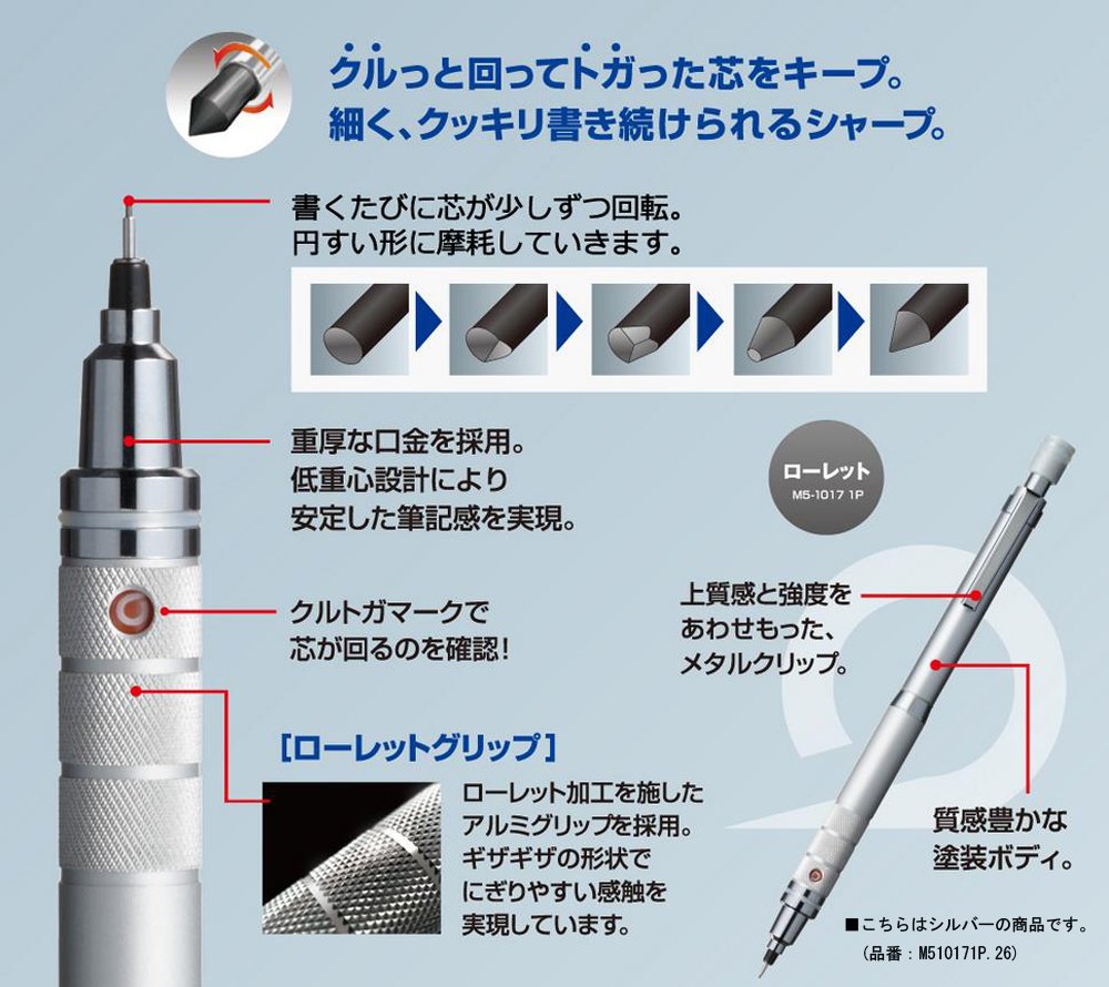 uni Kuru Toga Roulette Model Auto Lead Rotation 0.5mm Mechanical Pencil, Silver Body (M510171P.26)