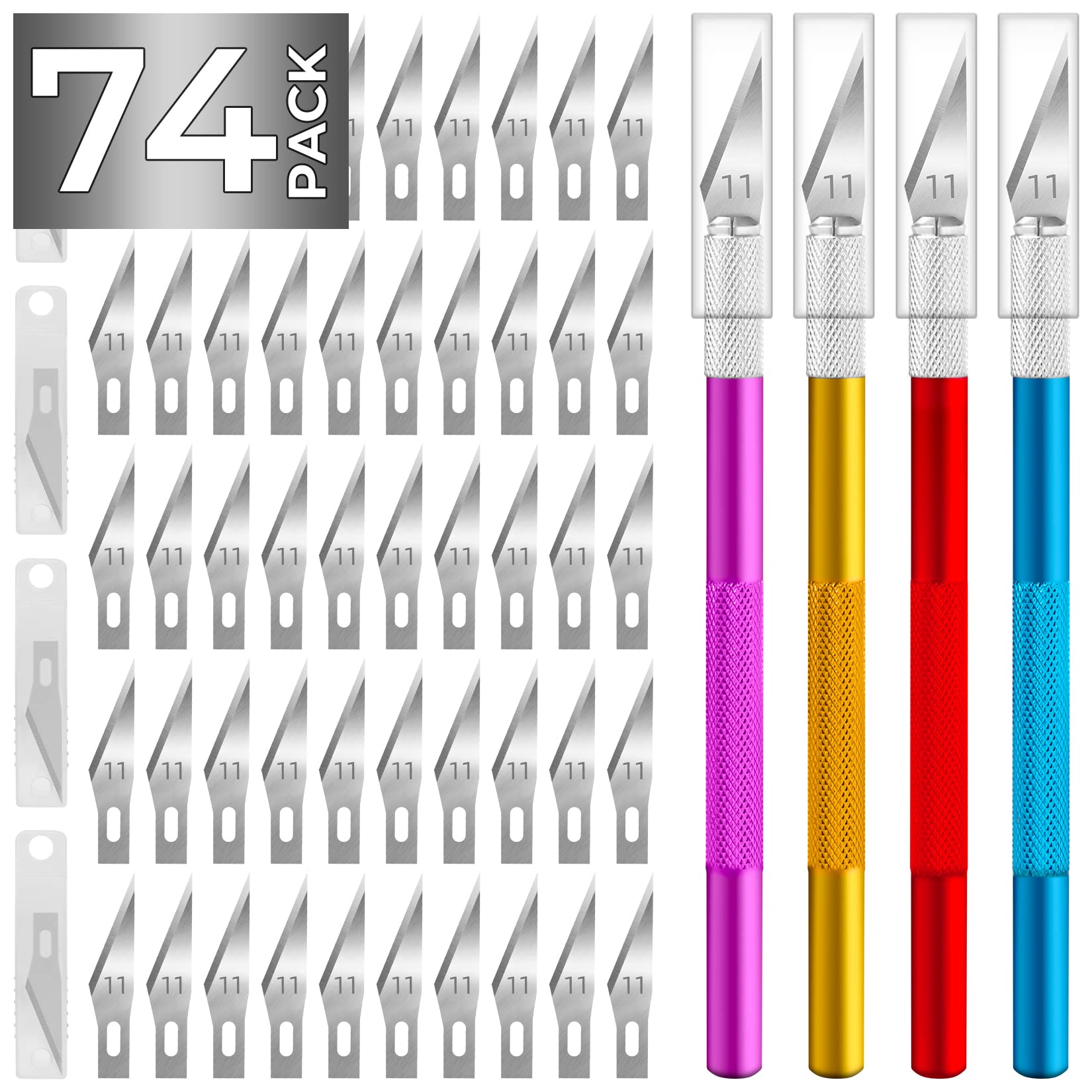 JTIEO 74 Pack Hobby Knife Exacto Knife with 4 Upgrade Sharp Hobby Knives and 70 Spare Craft Knife Blades for Art, Scrapbooking,Stencil