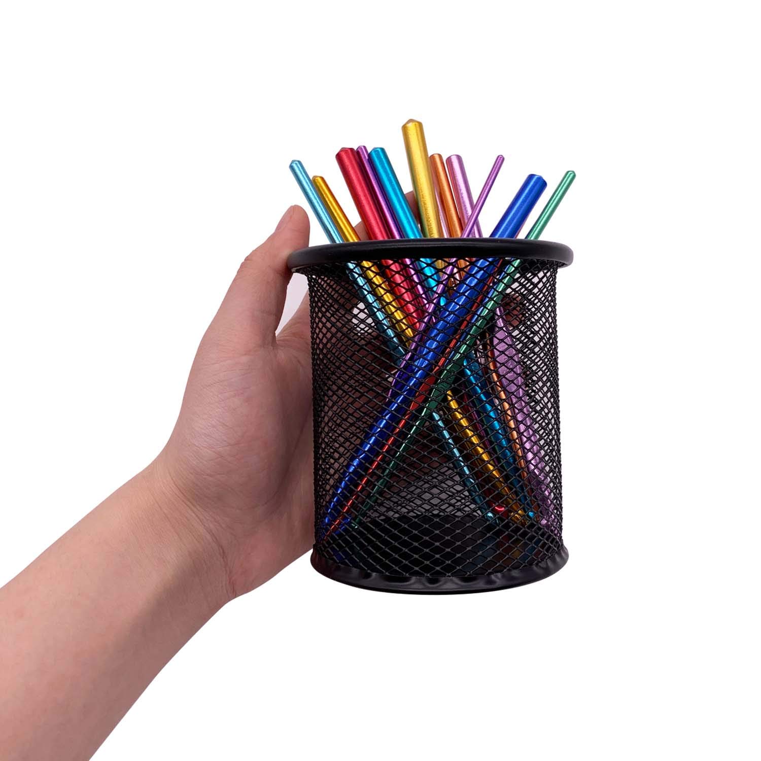 Black Pen Holder Cup for Desk, Pencil Cup Holder, Black Wire Mesh Pen Cup for Desk Office Pen Organizer