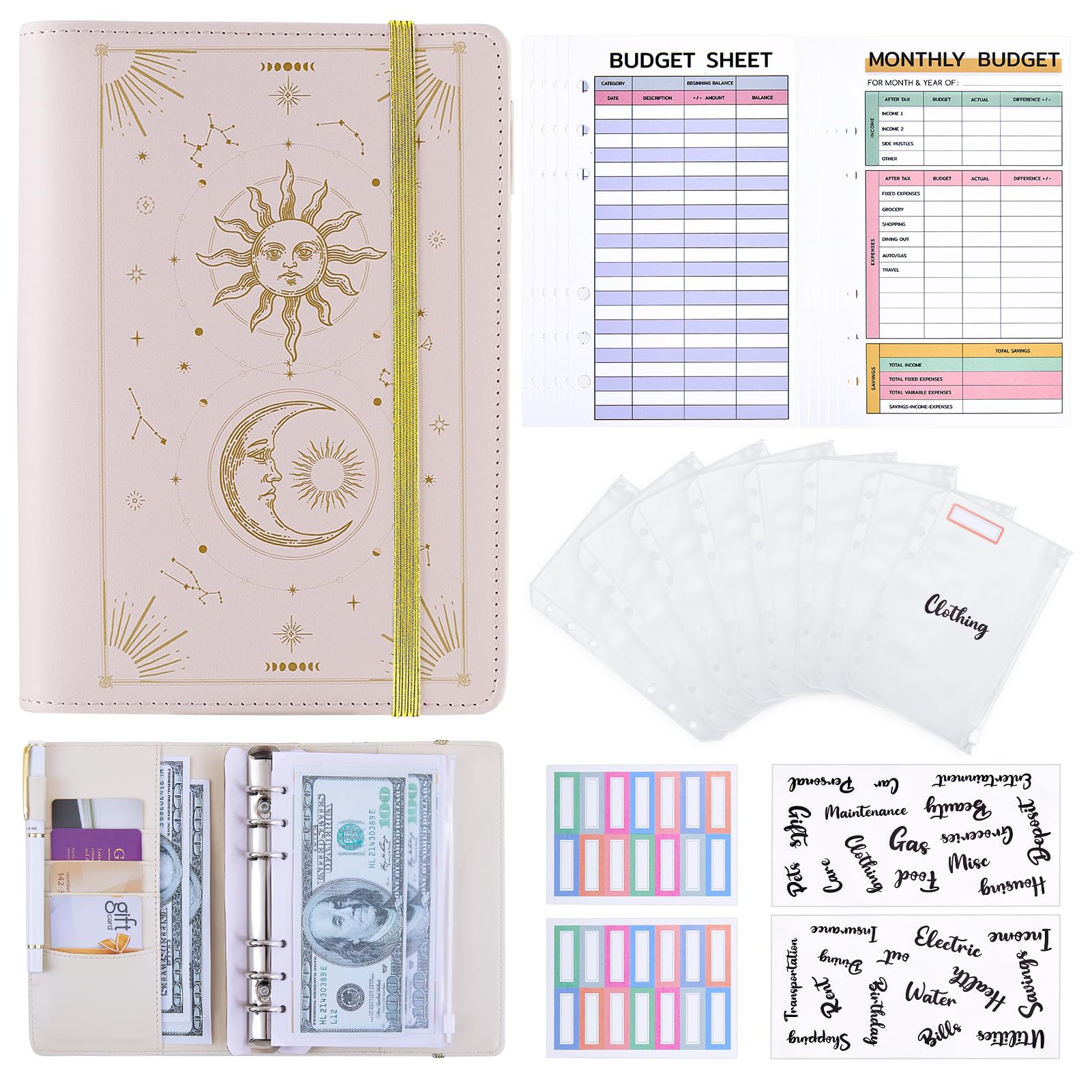 Bienbee Budget Binder, A6 Binder with Zipper Envelopes Money Organizer for Cash Budget Planner with Cash Envelopes for Saving for Girls Women, Golden Sun Moon