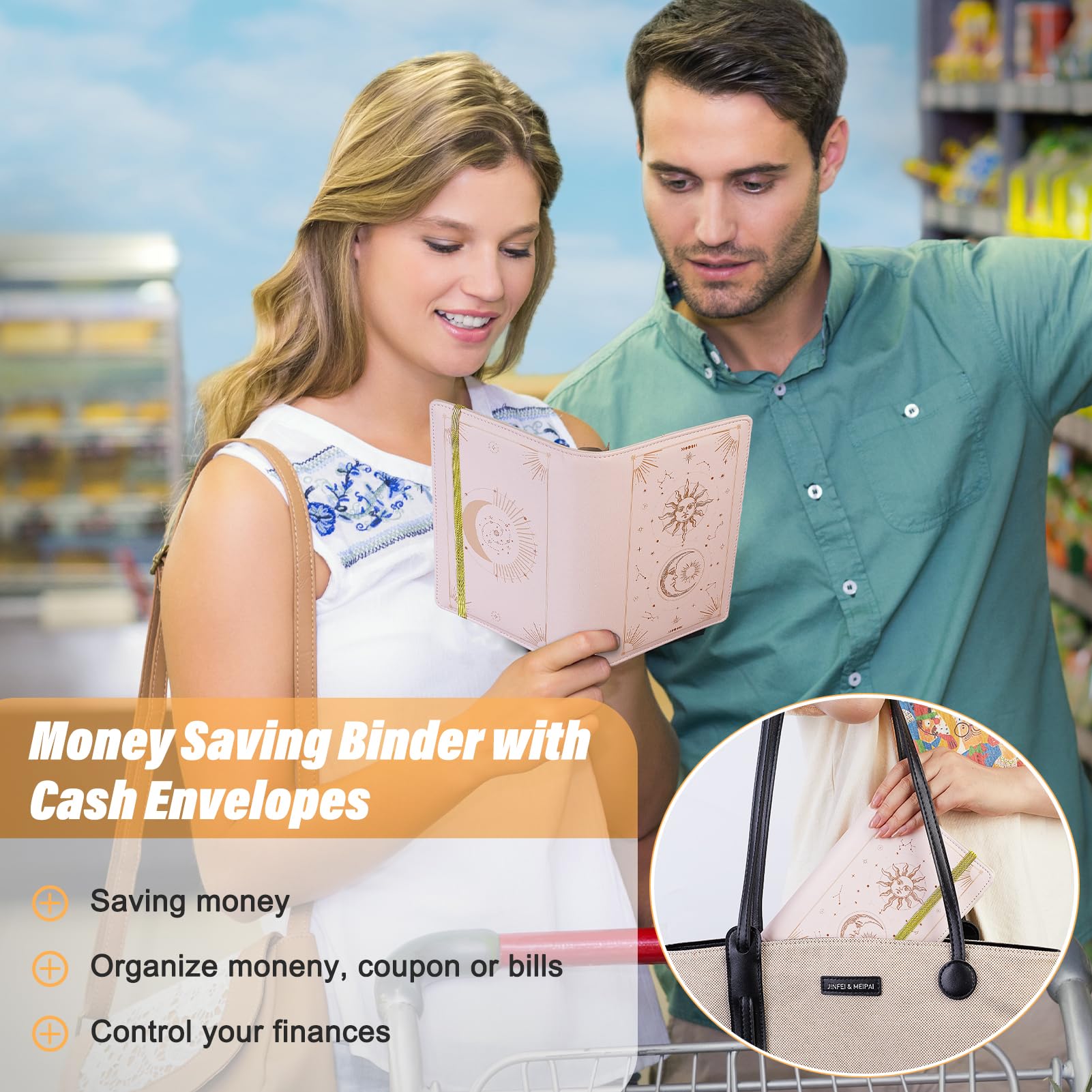 Bienbee Budget Binder, A6 Binder with Zipper Envelopes Money Organizer for Cash Budget Planner with Cash Envelopes for Saving for Girls Women, Golden Sun Moon