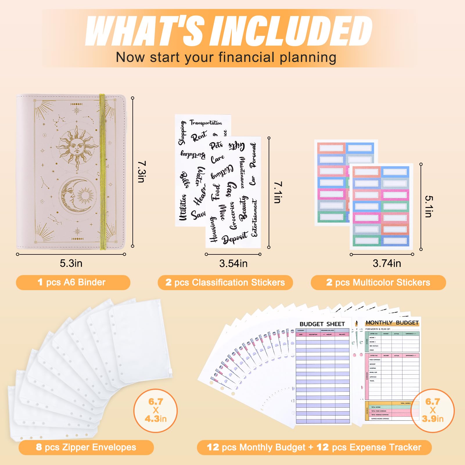Bienbee Budget Binder, A6 Binder with Zipper Envelopes Money Organizer for Cash Budget Planner with Cash Envelopes for Saving for Girls Women, Golden Sun Moon
