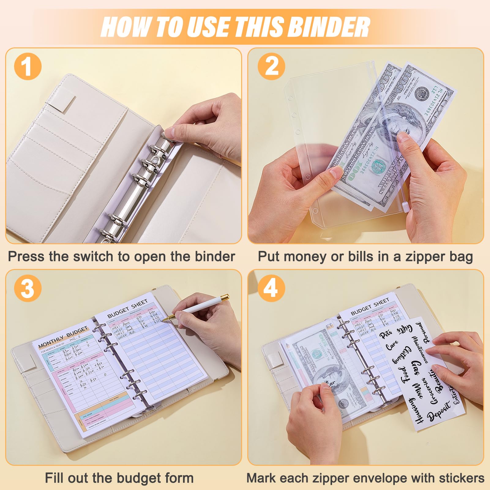 Bienbee Budget Binder, A6 Binder with Zipper Envelopes Money Organizer for Cash Budget Planner with Cash Envelopes for Saving for Girls Women, Golden Sun Moon