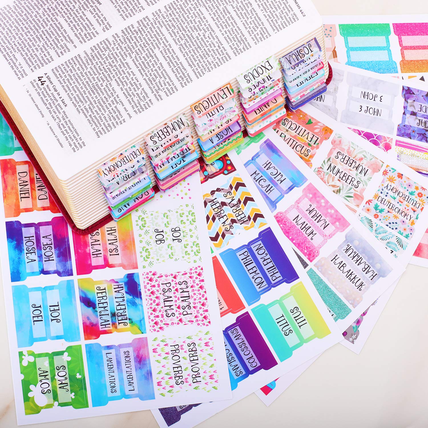 Colorful Floral Bible Tabs Laminated with Matte Film, Cute Bible tabs for Women and Girl, 90 Bible Index tabs in Total, 66 tabs for Old and New Testament, Additional 24 Blank tabs