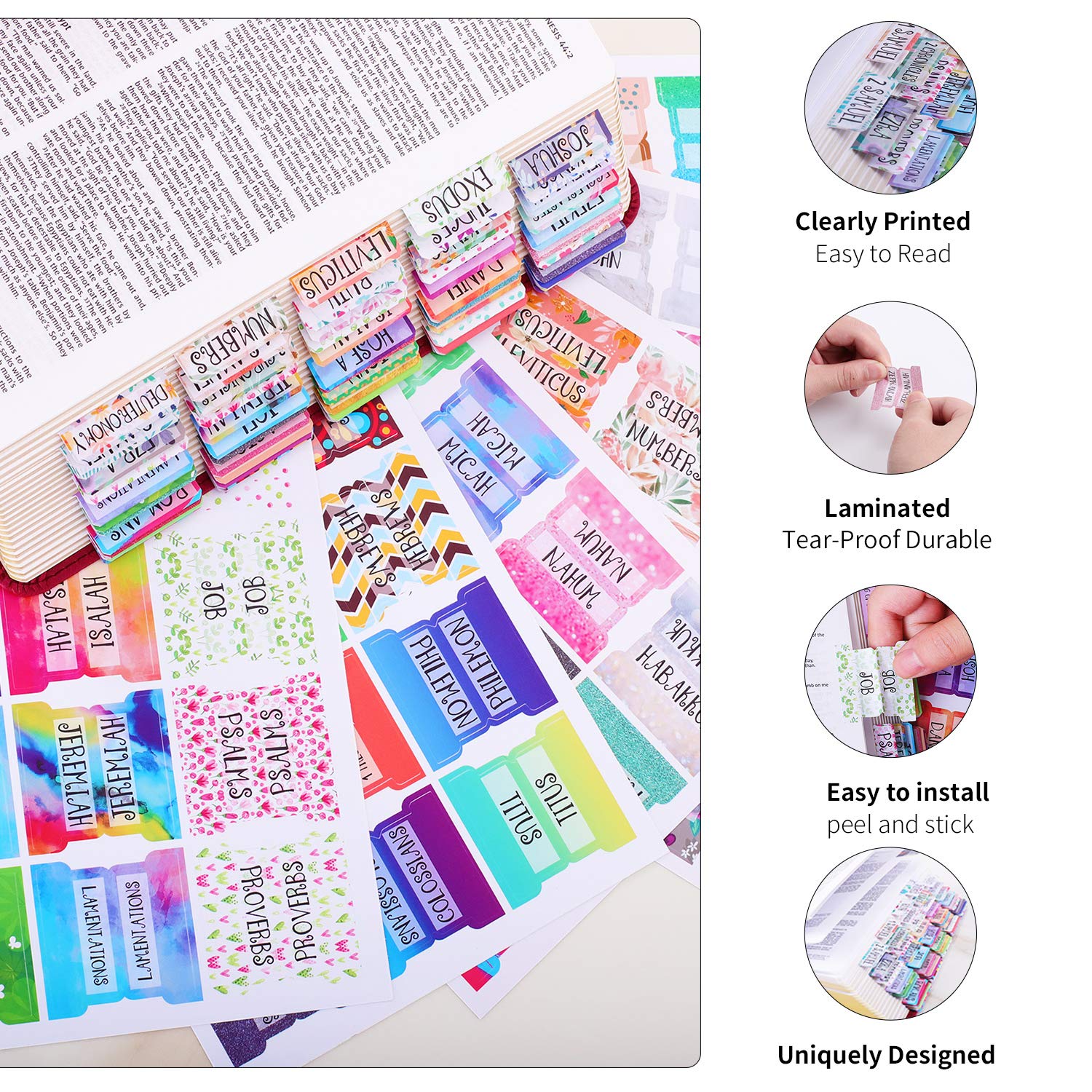 Colorful Floral Bible Tabs Laminated with Matte Film, Cute Bible tabs for Women and Girl, 90 Bible Index tabs in Total, 66 tabs for Old and New Testament, Additional 24 Blank tabs