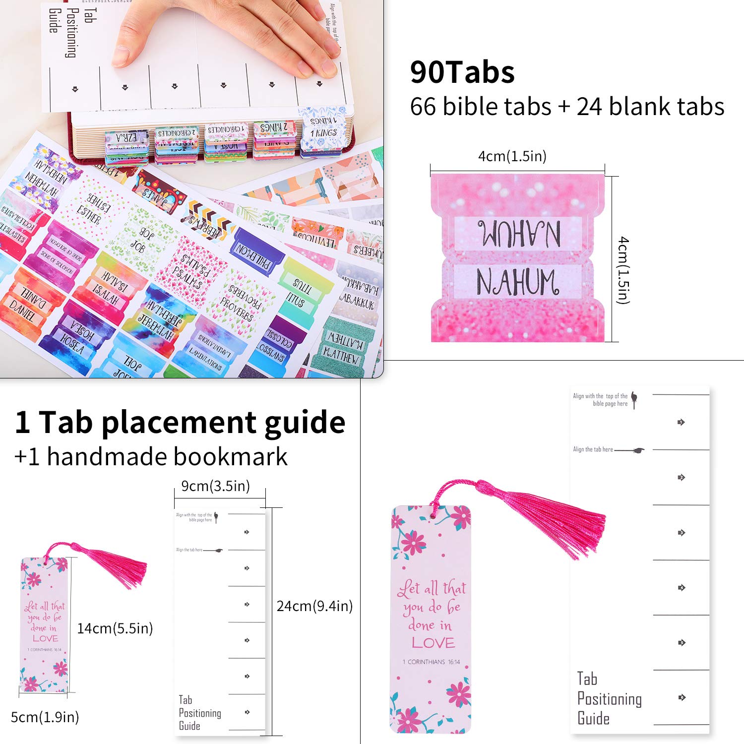 Colorful Floral Bible Tabs Laminated with Matte Film, Cute Bible tabs for Women and Girl, 90 Bible Index tabs in Total, 66 tabs for Old and New Testament, Additional 24 Blank tabs