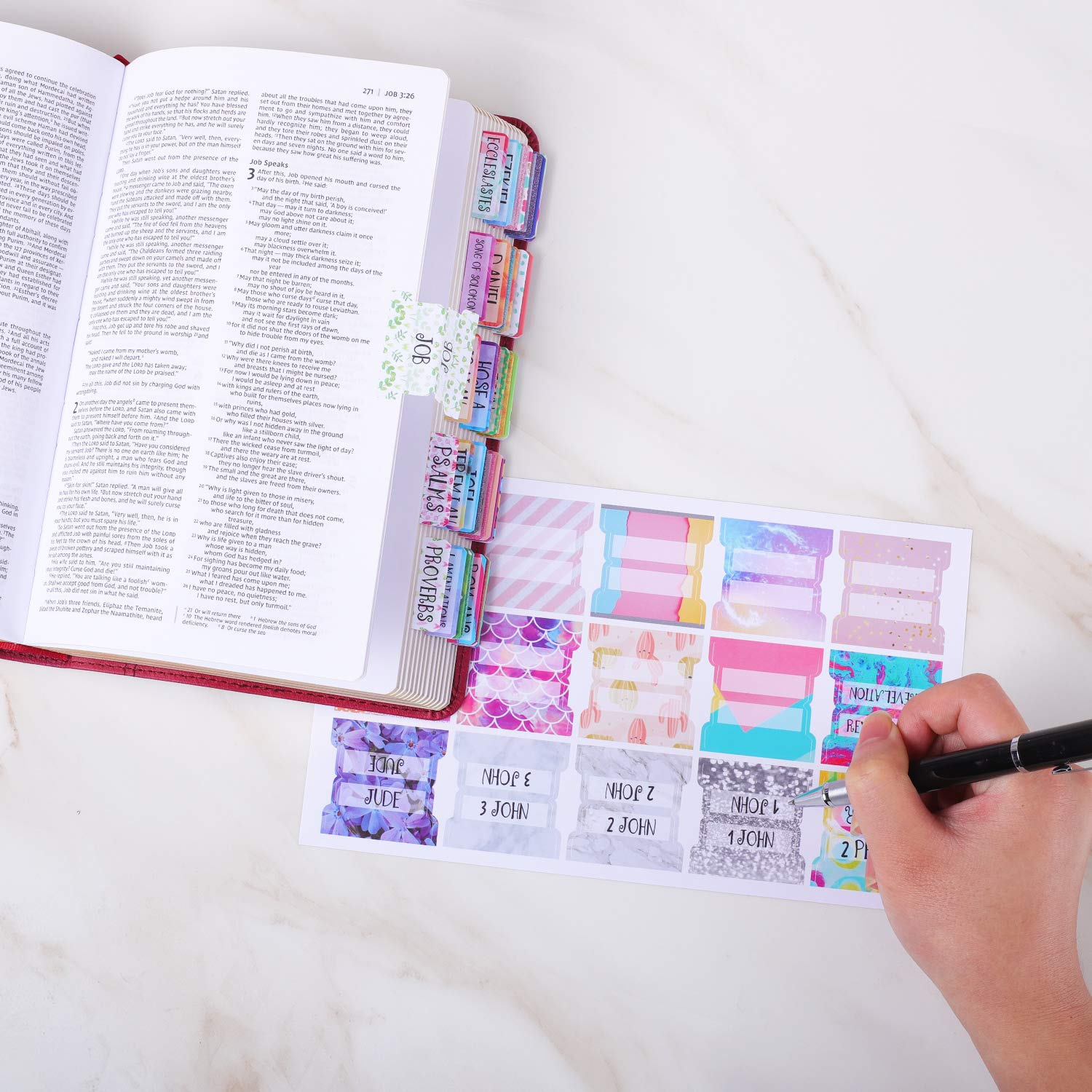 Colorful Floral Bible Tabs Laminated with Matte Film, Cute Bible tabs for Women and Girl, 90 Bible Index tabs in Total, 66 tabs for Old and New Testament, Additional 24 Blank tabs