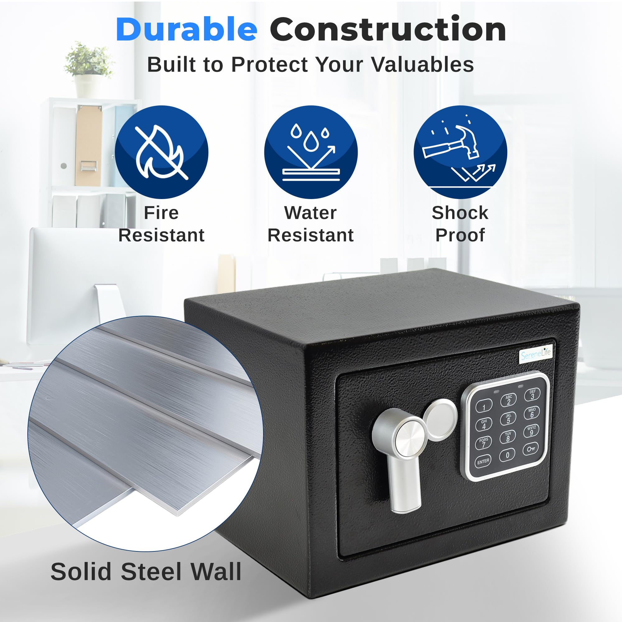 SereneLife Safe Box, Safes and Lock Boxes, Money Box, Safety Boxes for Home, Digital Safe Box, Steel Alloy Drop Safe, Includes Keys