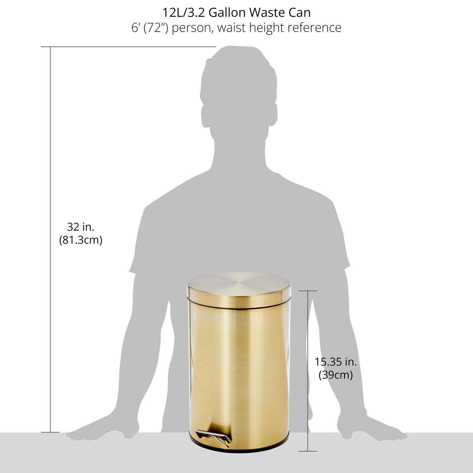 mDesign 3 Liter Round Small Metal Step Trash Can Wastebasket, Garbage Container Bin - for Bathroom, Powder Room, Bedroom, Kitchen, Craft Room, Office - Removable Liner Bucket - Soft Brass