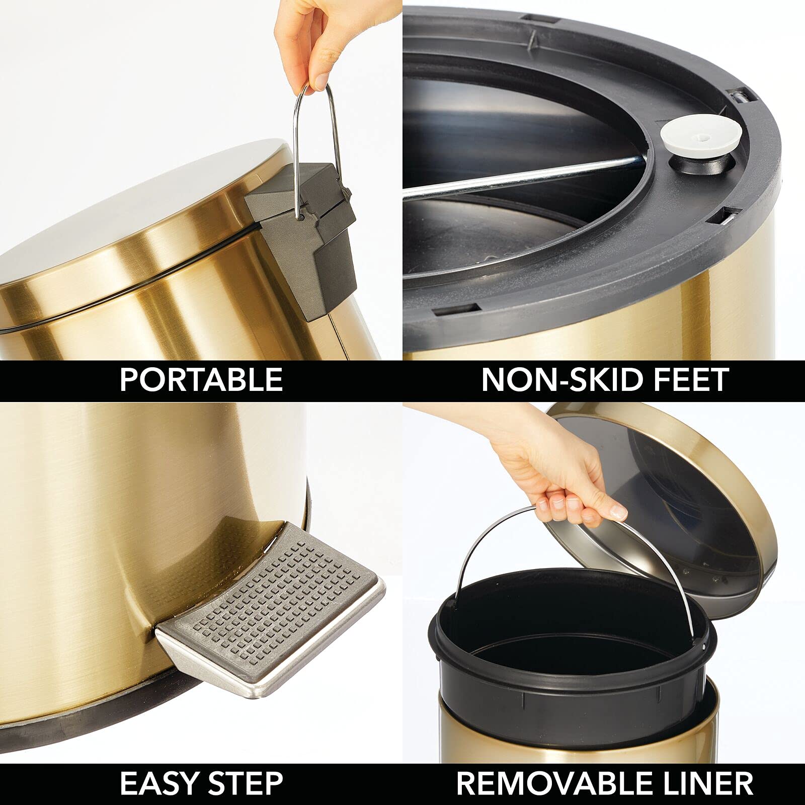 mDesign 3 Liter Round Small Metal Step Trash Can Wastebasket, Garbage Container Bin - for Bathroom, Powder Room, Bedroom, Kitchen, Craft Room, Office - Removable Liner Bucket - Soft Brass