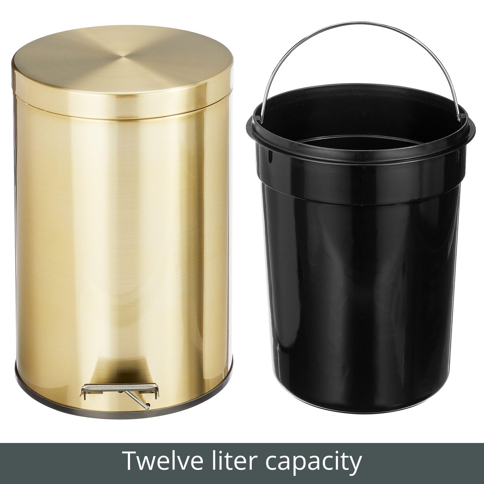 mDesign 3 Liter Round Small Metal Step Trash Can Wastebasket, Garbage Container Bin - for Bathroom, Powder Room, Bedroom, Kitchen, Craft Room, Office - Removable Liner Bucket - Soft Brass