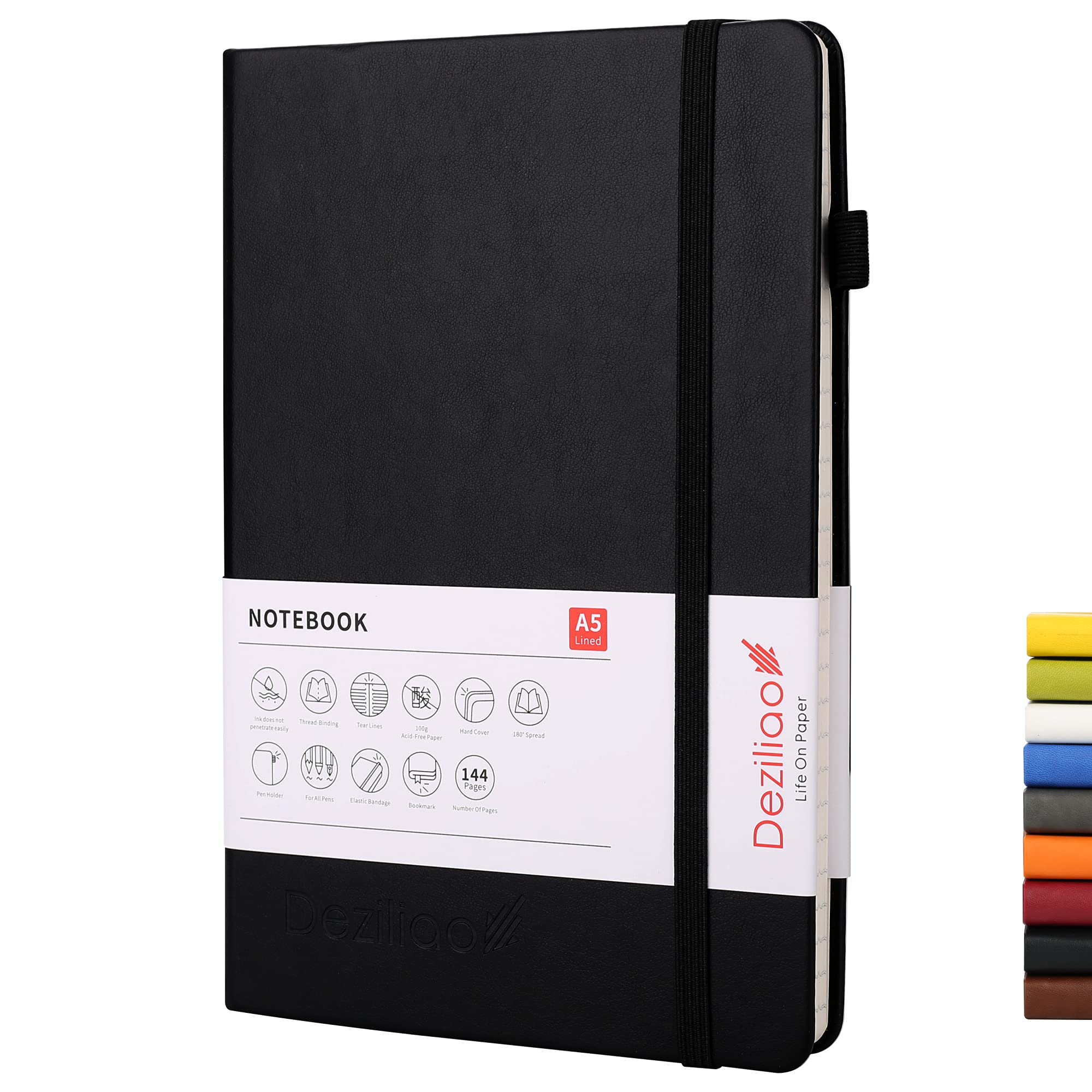 Deziliao Lined Journal Notebooks with Pen Loop, Hardcover Notebook Journal for Work, 100Gsm Premium Thick Paper with Inner Pocket, Medium 5.7"x8.4", (Black, Ruled)
