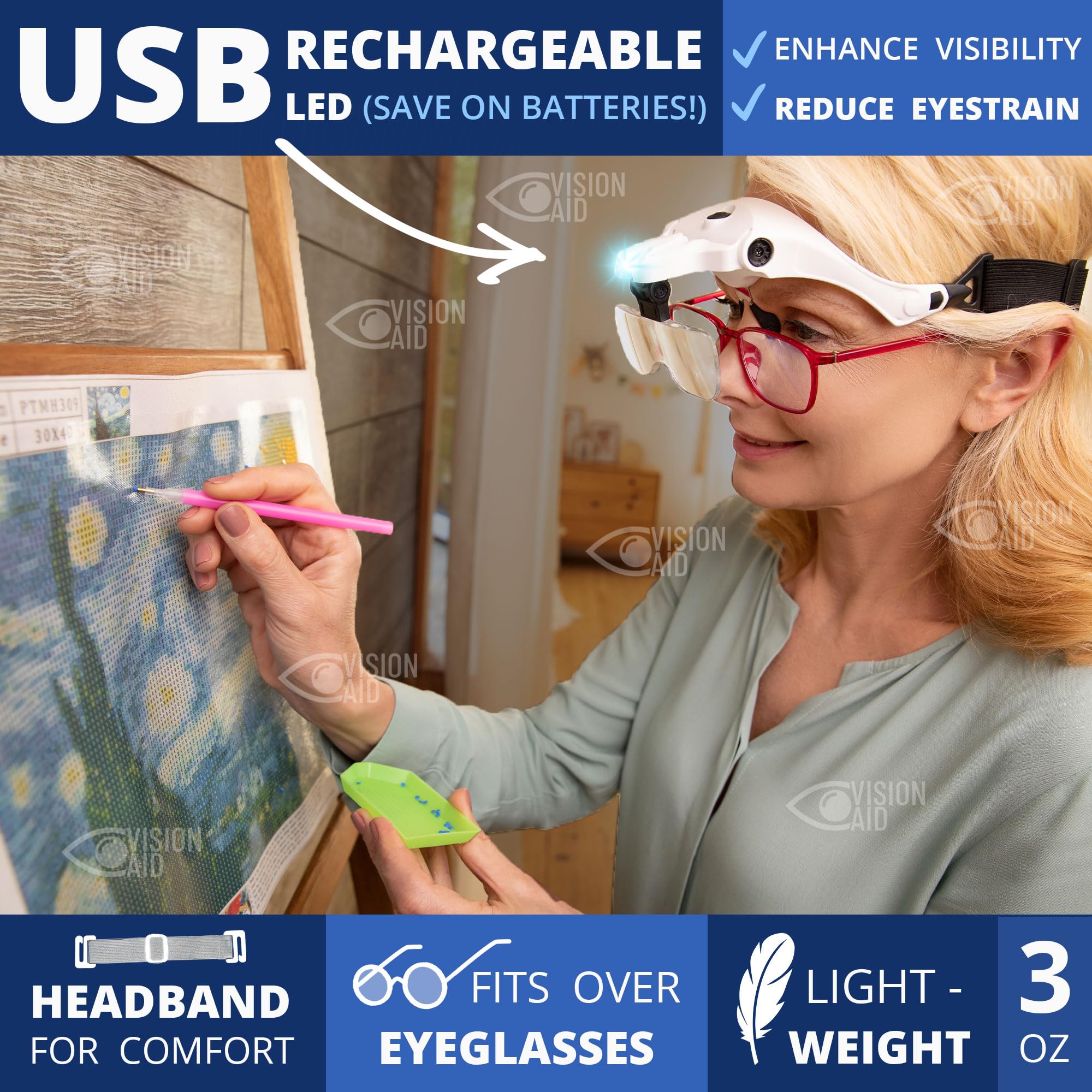 Vision Aid Magnifying Glasses with LED Light, 5 Lenses, Headband, Storage Case | Hands Free Lighted Head Mount Magnifier for Hobby Crafts Macular Degeneration Cross Stitch Diamond Painting Close Work