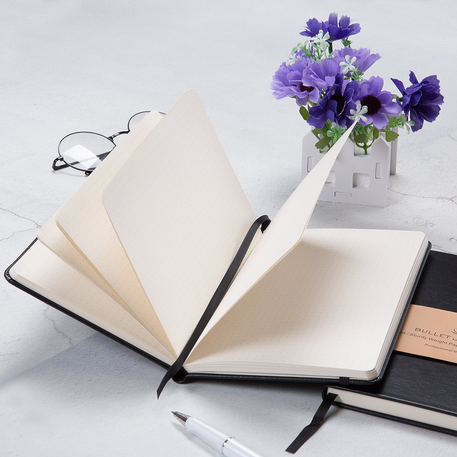 Dotted Grid Notebook/Journal - Dot Grid Hard Cover Notebook, Premium Thick Paper with Fine Inner Pocket, Black Smooth Faux Leather, 5''×8.25''