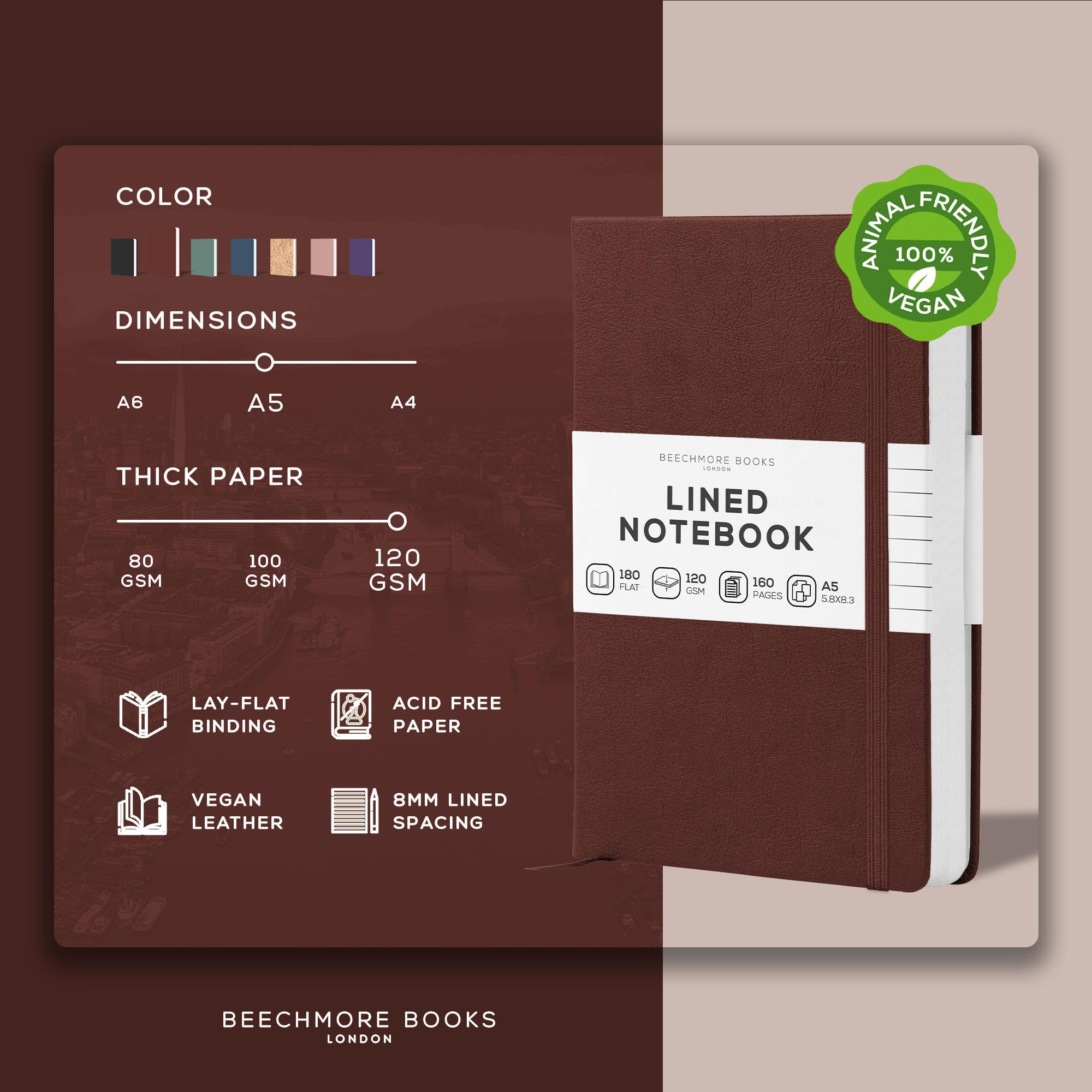 BEECHMORE BOOKS Ruled Notebook - British A5 Journal Large 5.75" x 8.25" Hardcover Vegan Leather, Thick 120gsm Cream Lined Paper | Gift Box | Chestnut Brown