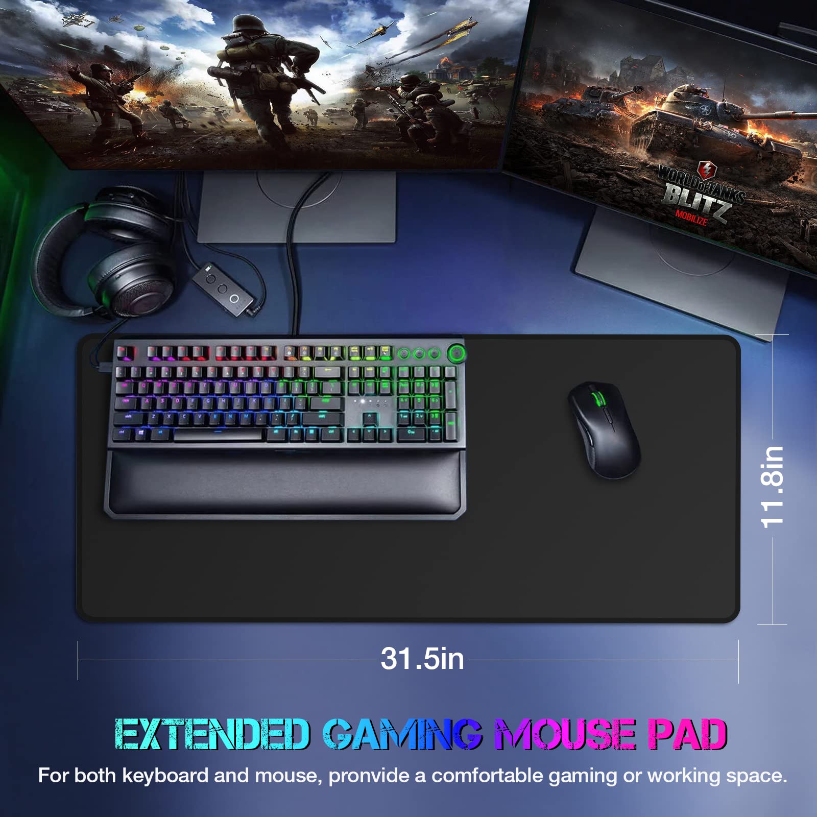 ETZ Large Gaming Mouse Pad,31.5 x 11.8 × 0.12 in with Stitched Edges,Extended Mousepad,Durable Non-Slip Natural Rubber Base,Washable Keyboard Pad,Desk Pad for Gamer,Office & Home,Black