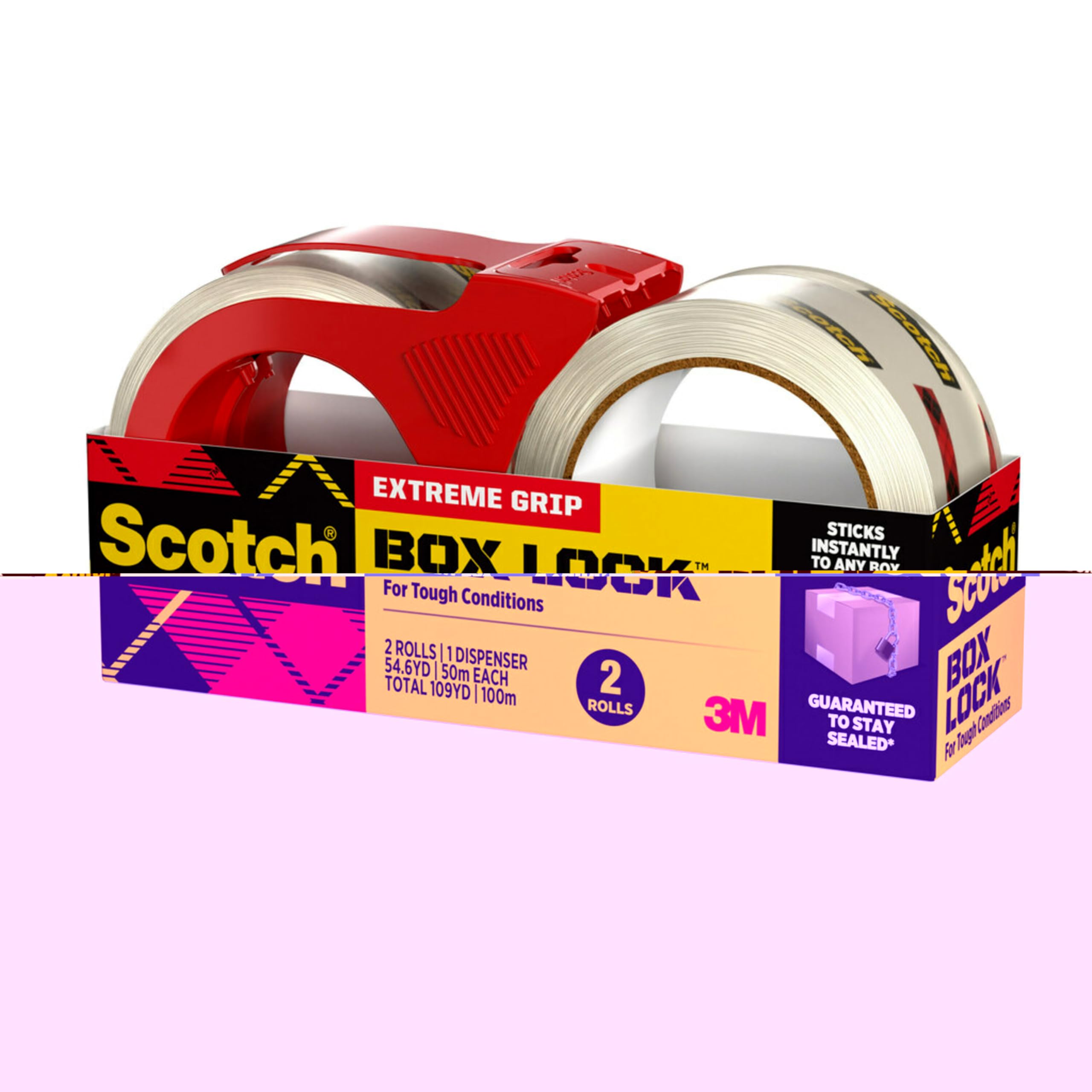 Scotch Box Lock Packaging Tape, 2 Rolls with 1 Refillable Dispenser, 1.88 in x 54.6 yd, Extreme Grip, Sticks Instantly to Any Box