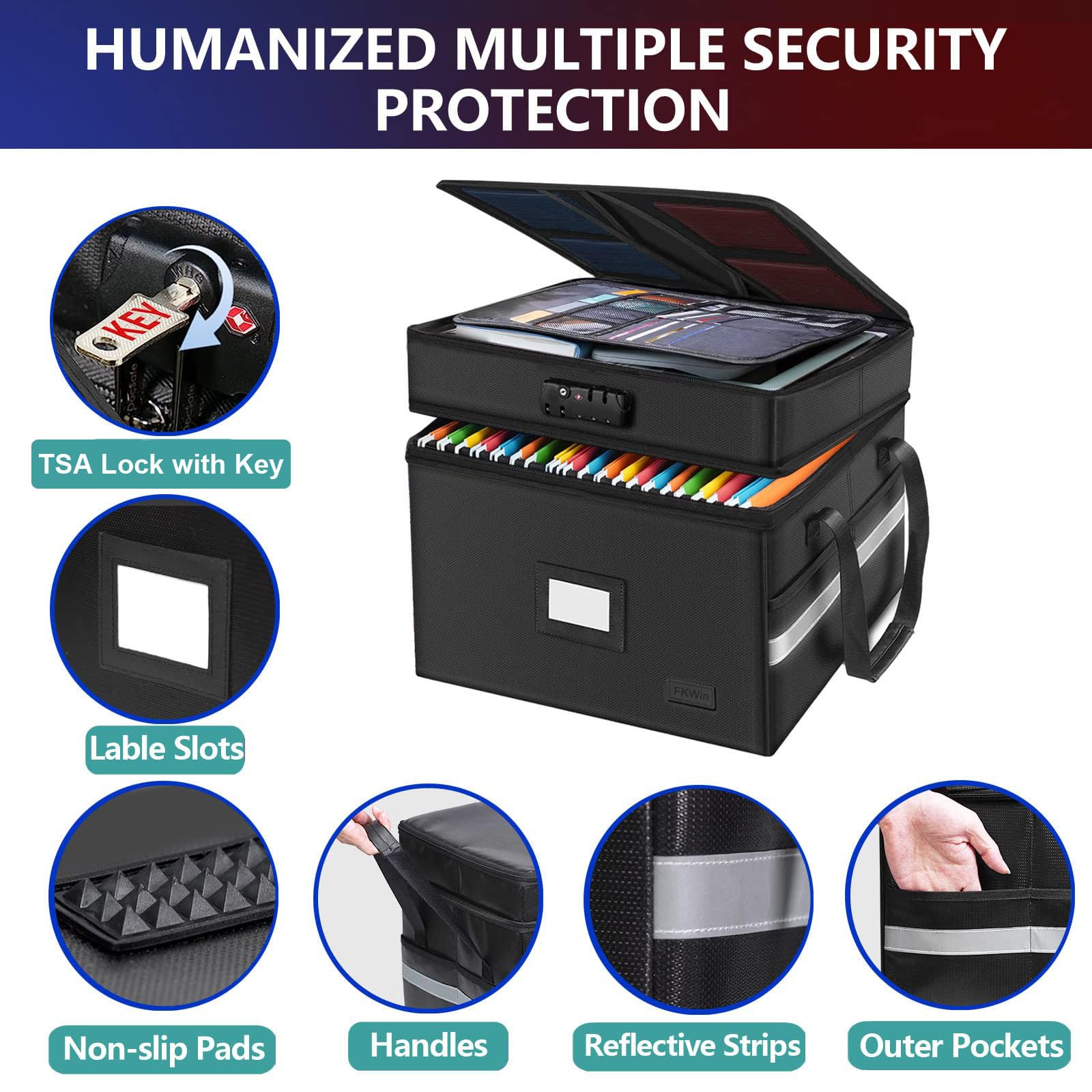 Fireproof Document Box with Lock, 2 Layers Fireproof File Box, Portable Important Document Organizer, Collapsible Waterproof File Box Organizer with Handles (Black)