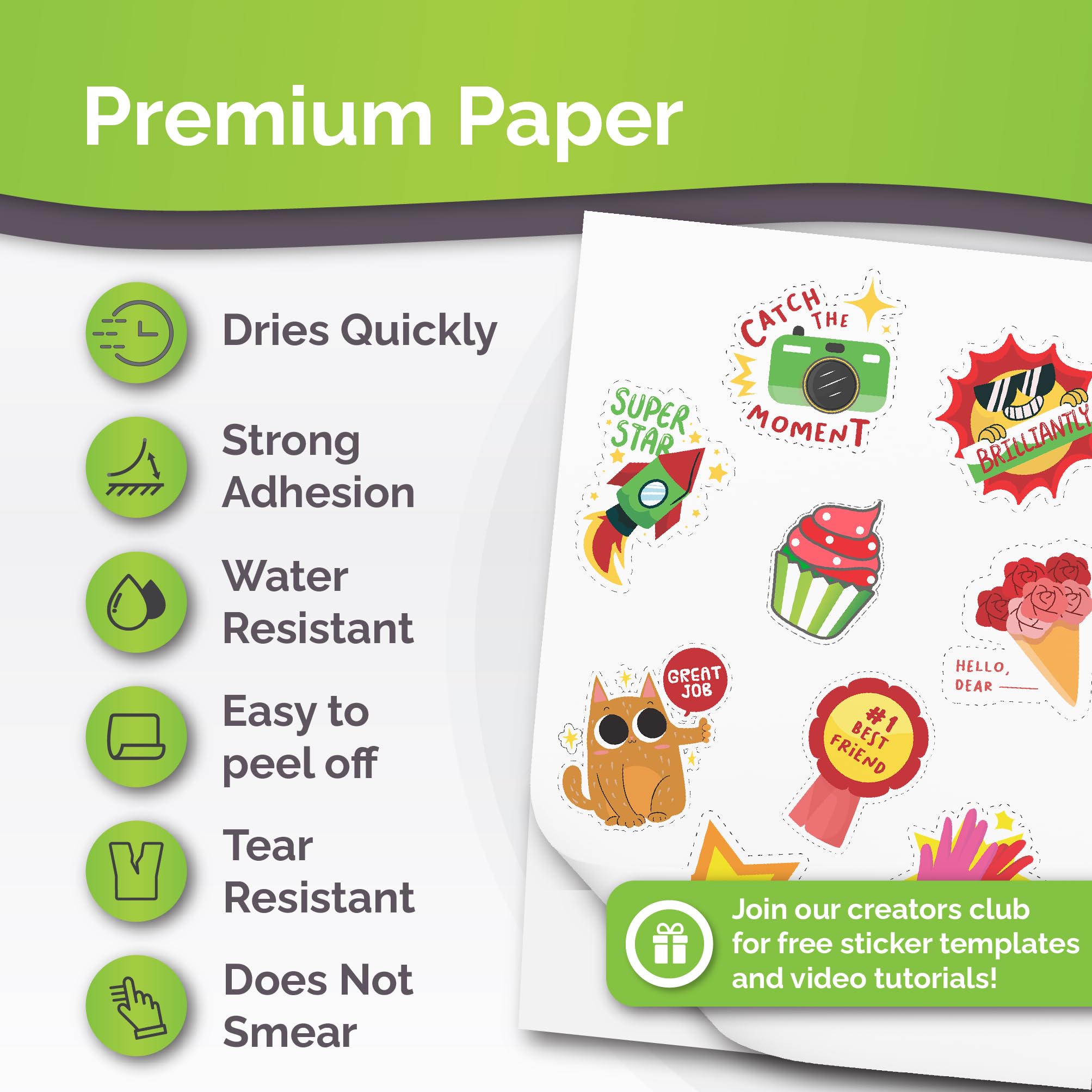 Premium Printable Vinyl Sticker Paper for Inkjet & Laser Printer - 34 Sheets Self-Adhesive Sheets Matte White Waterproof, Dries Quickly Vivid Colors, Holds Ink well- Tear Resistant