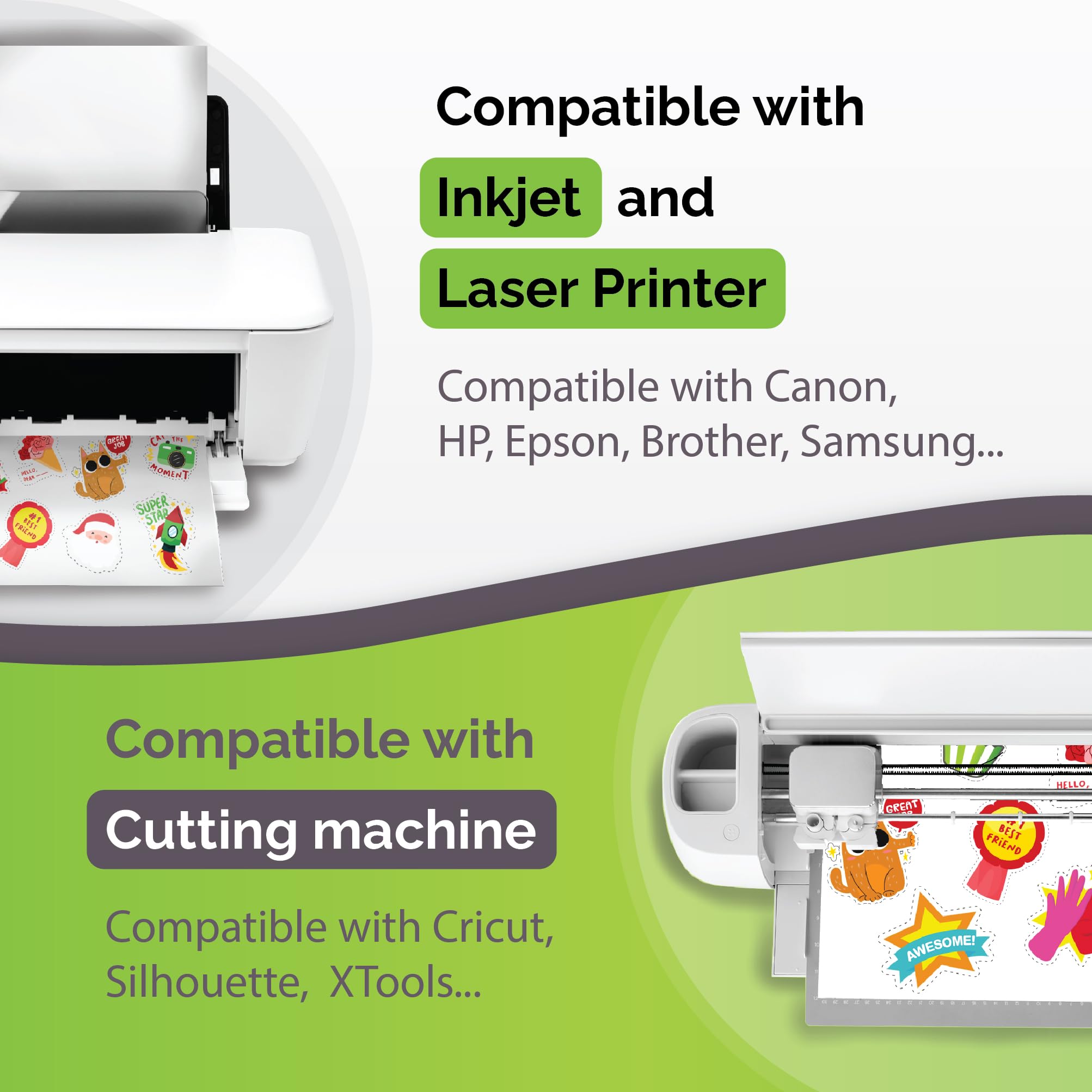 Premium Printable Vinyl Sticker Paper for Inkjet & Laser Printer - 34 Sheets Self-Adhesive Sheets Matte White Waterproof, Dries Quickly Vivid Colors, Holds Ink well- Tear Resistant