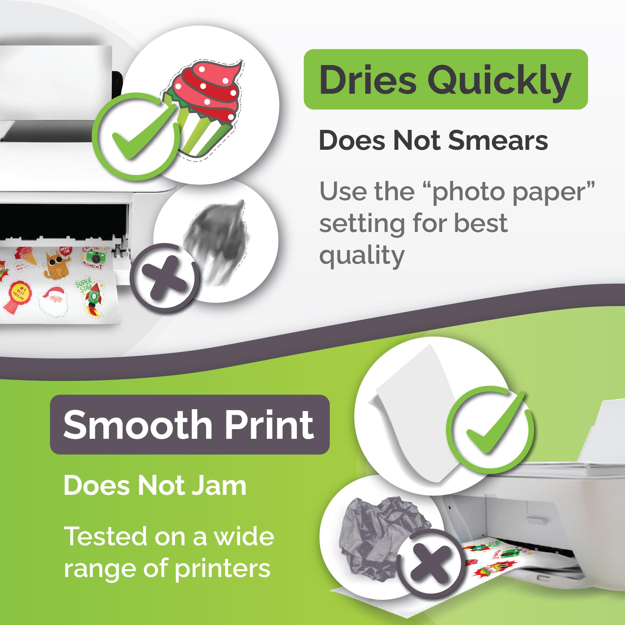 Premium Printable Vinyl Sticker Paper for Inkjet & Laser Printer - 34 Sheets Self-Adhesive Sheets Matte White Waterproof, Dries Quickly Vivid Colors, Holds Ink well- Tear Resistant