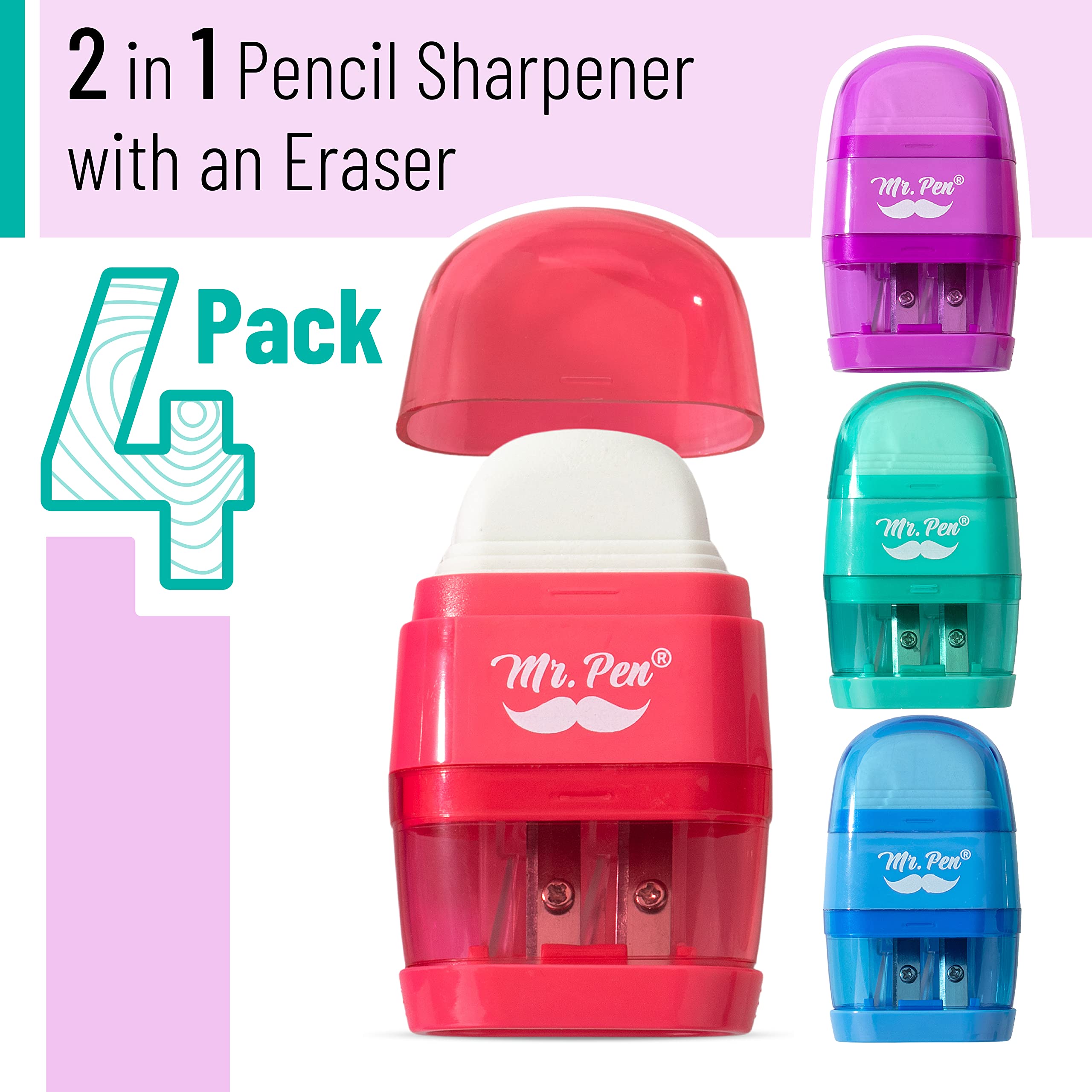Mr. Pen- Pencil Sharpener & Eraser, 4 Pack, Colorful, 2 Sharpening Holes, Pencil Sharpeners Manual, Manual Pencil Sharpener, Pencils Sharpener, Handheld Pencil Sharpener, Small Pencil Sharpener