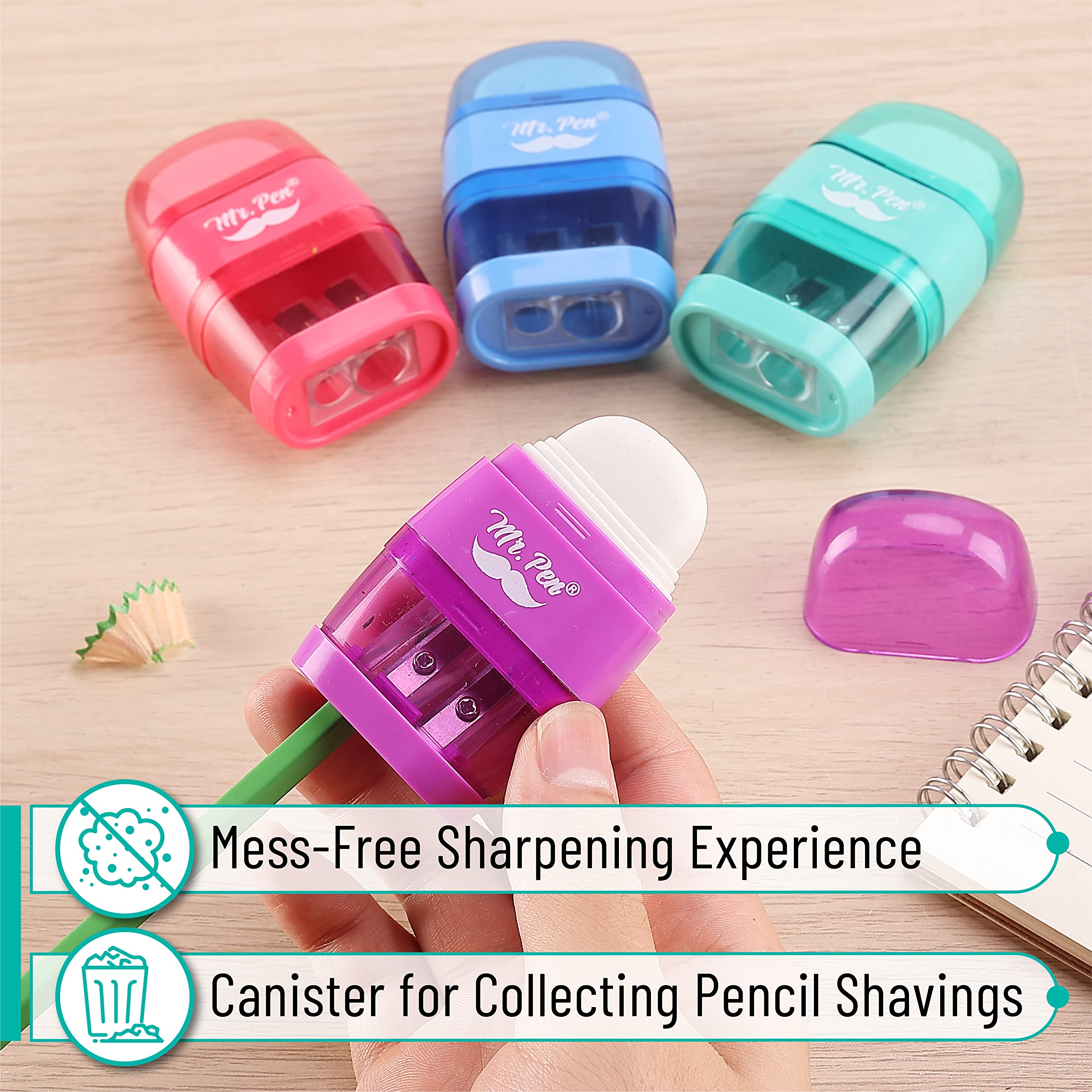 Mr. Pen- Pencil Sharpener & Eraser, 4 Pack, Colorful, 2 Sharpening Holes, Pencil Sharpeners Manual, Manual Pencil Sharpener, Pencils Sharpener, Handheld Pencil Sharpener, Small Pencil Sharpener