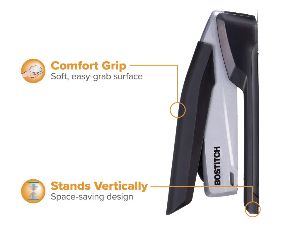 Bostitch Office Executive 3 in 1 Stapler, One Finger Stapling, No Effort, 20 Sheet Capacity, Integrated Staple Remover, Spring Powered Stapler, Black/Gray