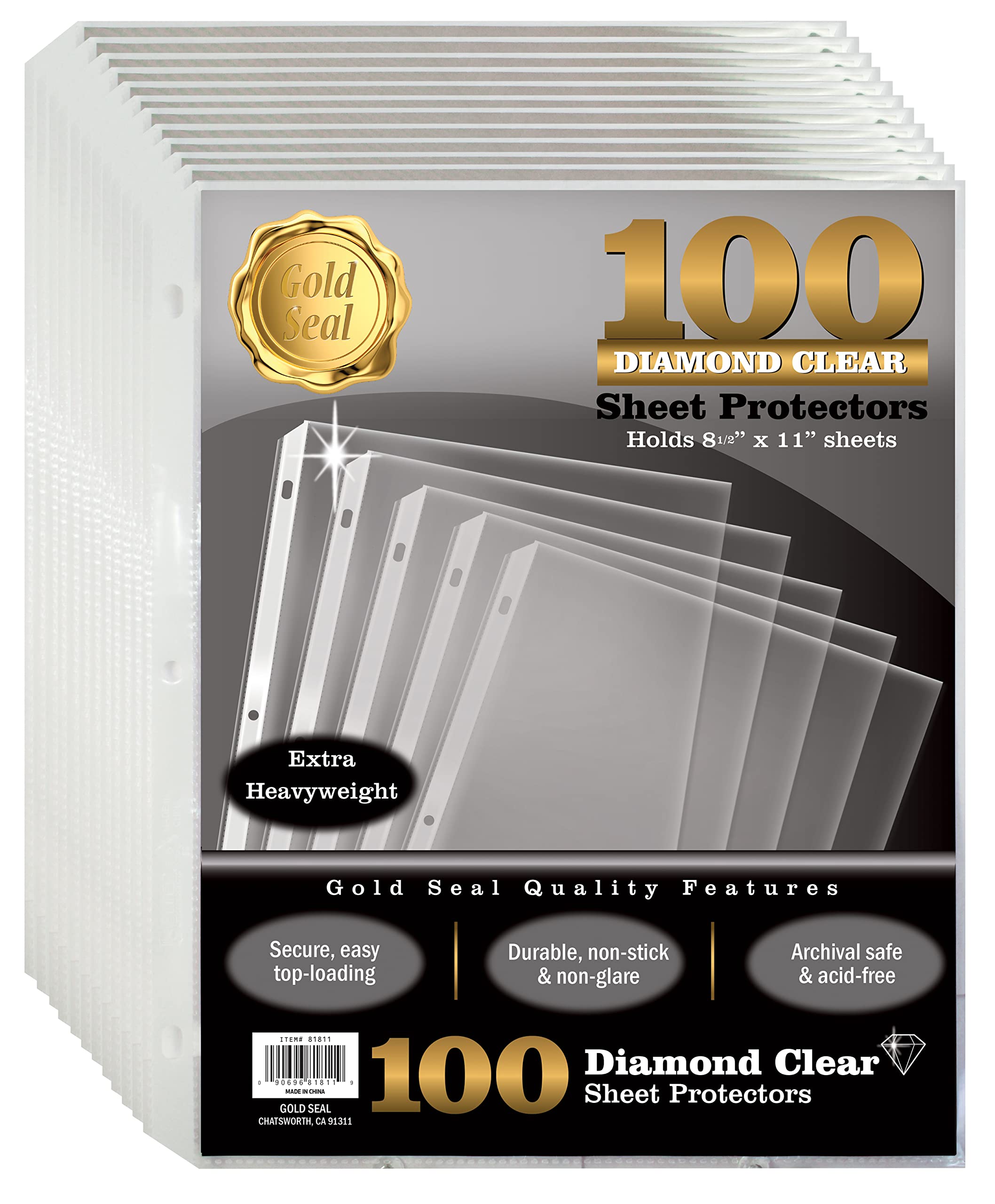 100 Count Diamond Clear Extra Heavyweight Sheet Protectors, 4 mils Strong, by Gold Seal, 8.5 x 11", Top Load, 100 Pack