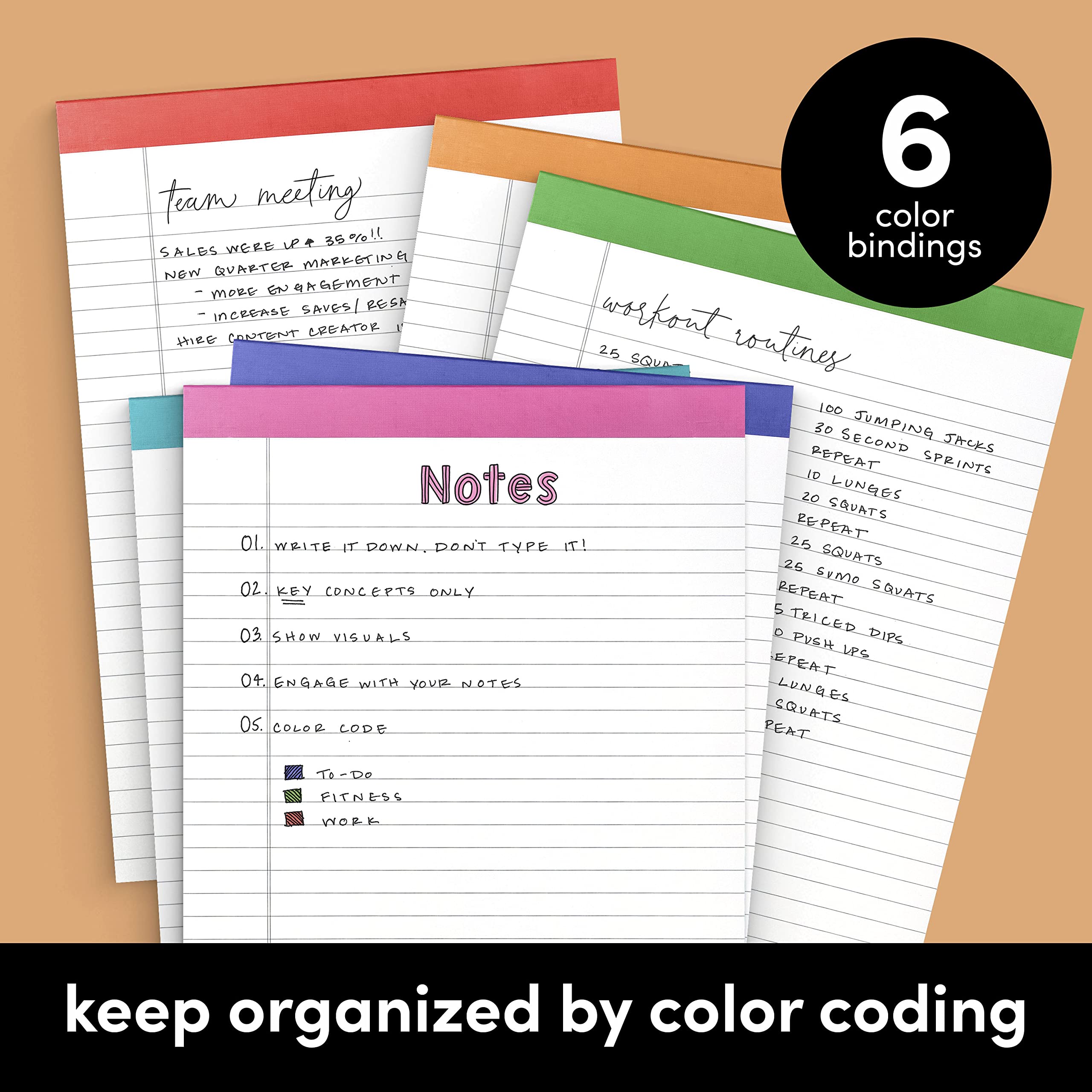 PAPERAGE Lined Legal Pads, (Rainbow), 6 Pack, 50 Sheets Each, Wide/Legal Ruled, Note Pads, Paper, 8.5 inches x 11 inchesā¦
