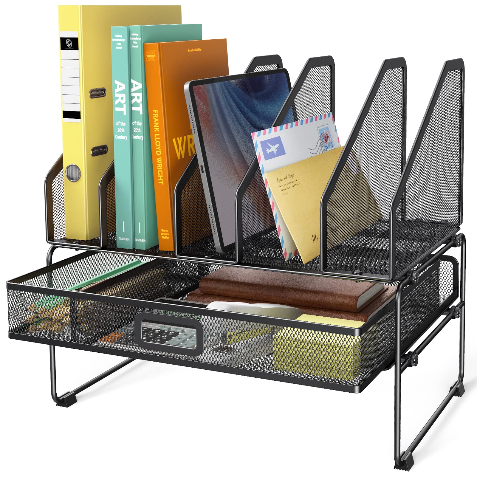 HUANUO Mesh Desk Organizer with Sliding Drawer, Desk File Organizer with Detachable Storage Sections, Desktop Organizer for Files, Books, Office Supplies, HNF02