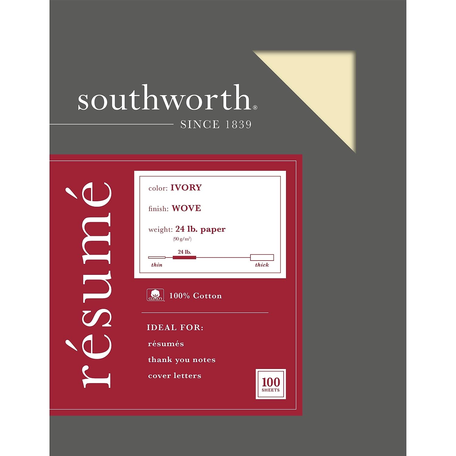 Southworth® 100% Cotton Résumé Paper, 8 1/2" x 11", 24 Lb, 100% Recycled, Ivory, Pack Of 100