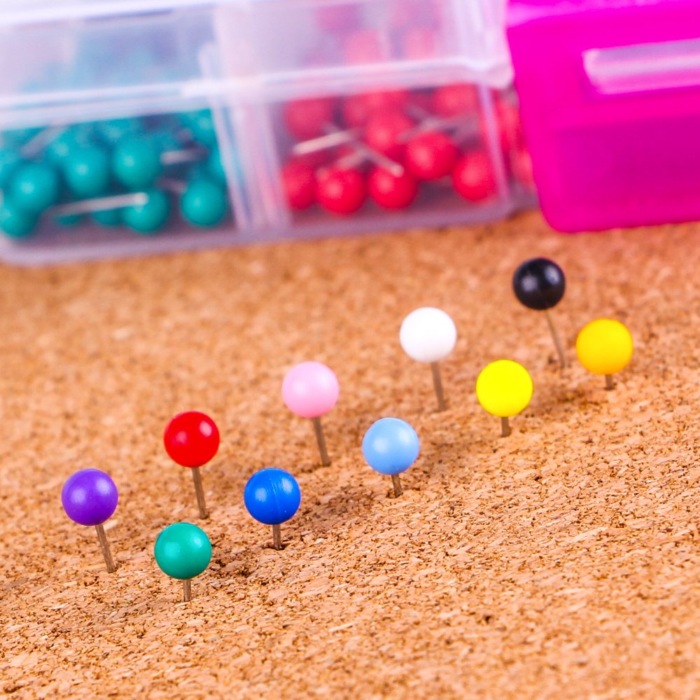 Yalis Push Pins 600-count Map Tacks Marking Pins 1/8-Inch Plastic Beads Head, 10 Assorted Colors