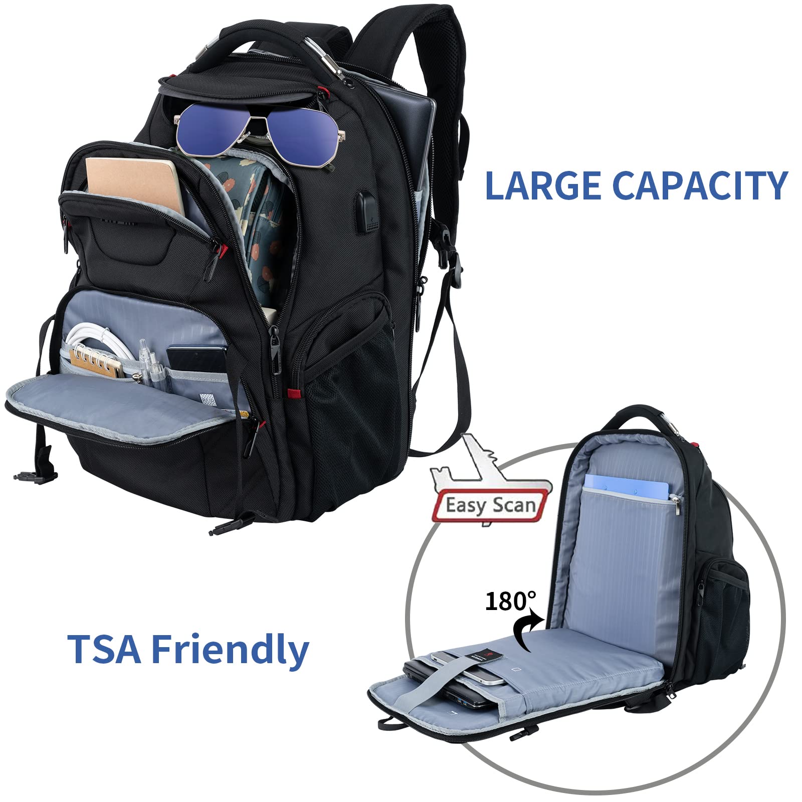 VANKEAN 17.3'' Travel Laptop Backpack TSA Friendly, Water Resistant Anti Theft Extra Large Backpack with RFID Pockets College Backpacks with USB Port for Men Women School Business Work Bag, Black