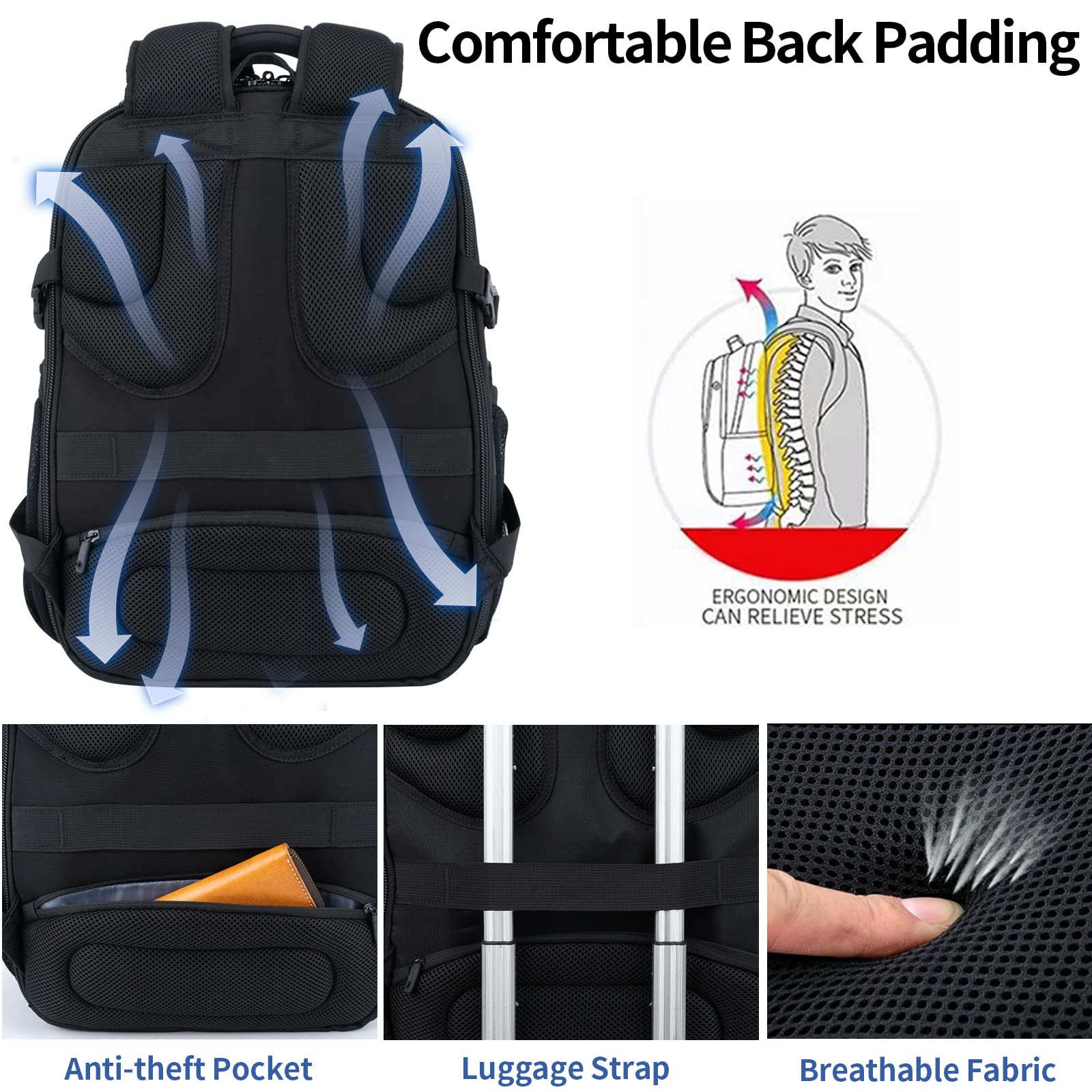 VANKEAN 17.3'' Travel Laptop Backpack TSA Friendly, Water Resistant Anti Theft Extra Large Backpack with RFID Pockets College Backpacks with USB Port for Men Women School Business Work Bag, Black